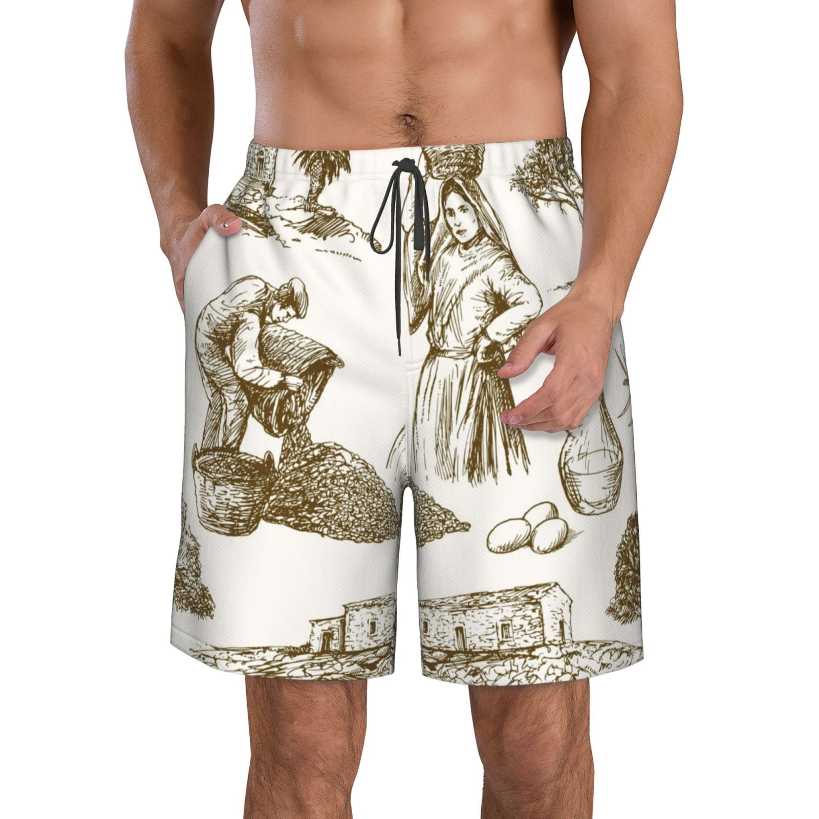 Goofa Olive Picking Printed Mens Swim Trunks Summer Quick Dry Short ...
