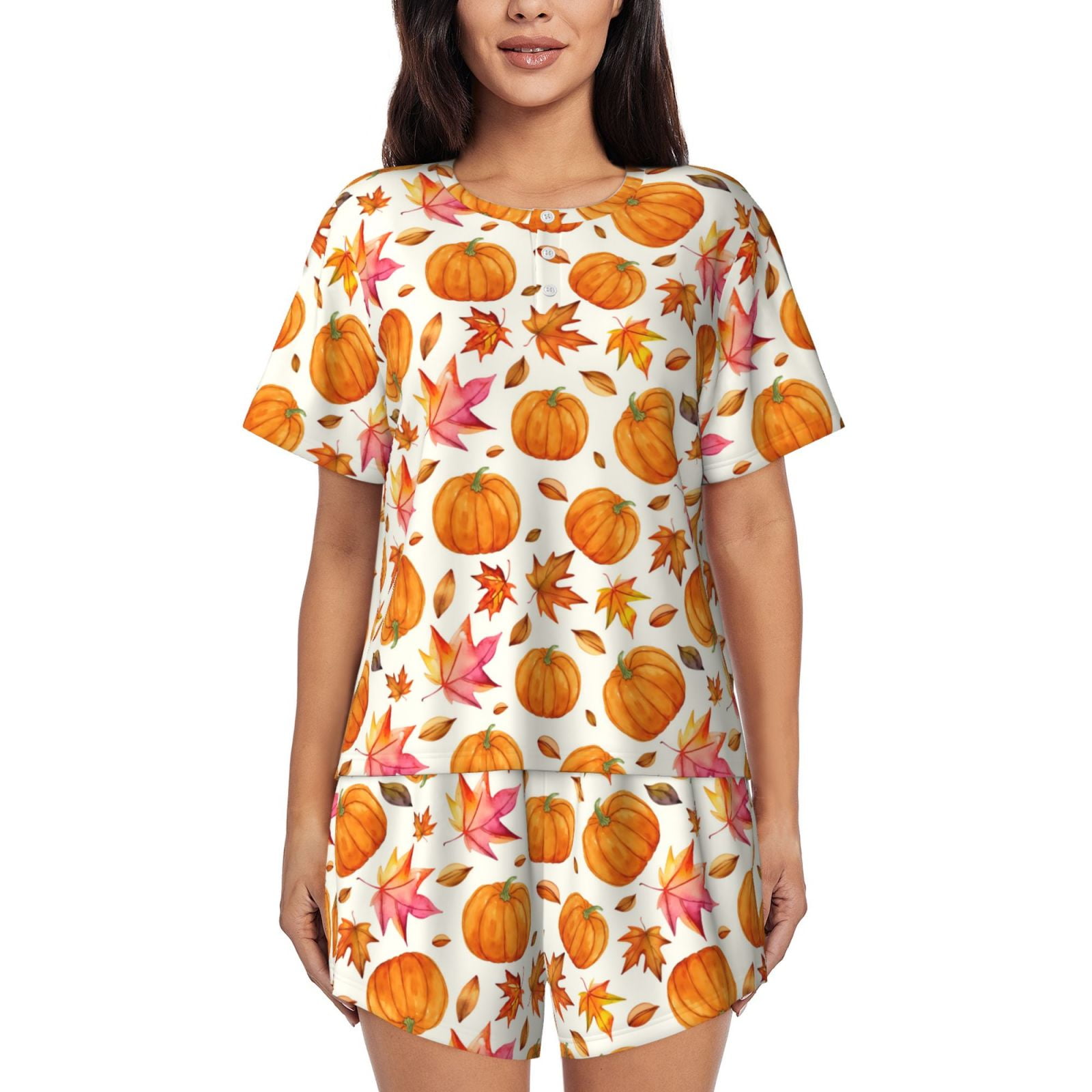 Goofa Orange Autumn Leaves for Womens Cotton 2 Piece Pajamas Set ...