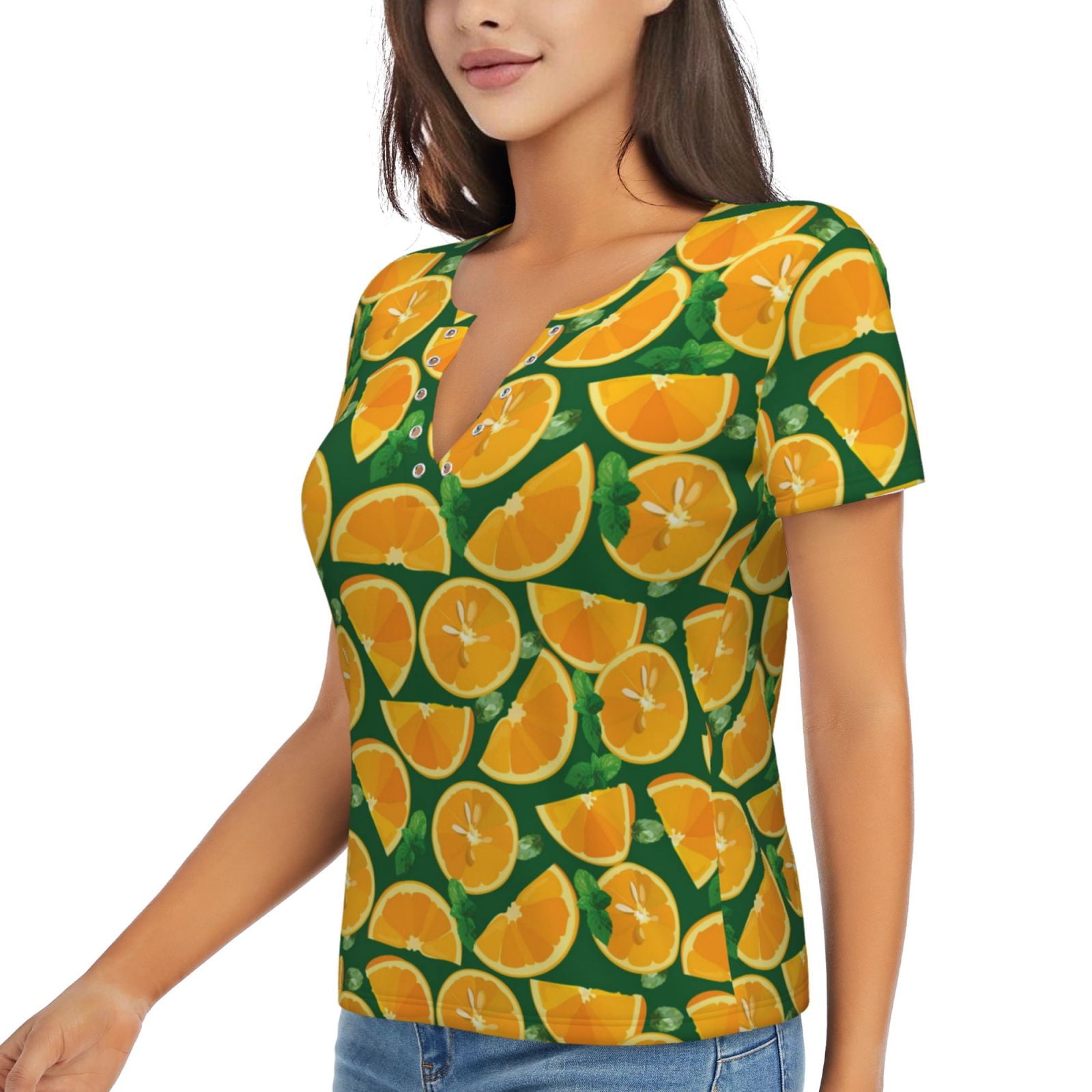 Goofa Orange Lemon Pattern Womens Deep V Neck Low Cut Tops Casual ...