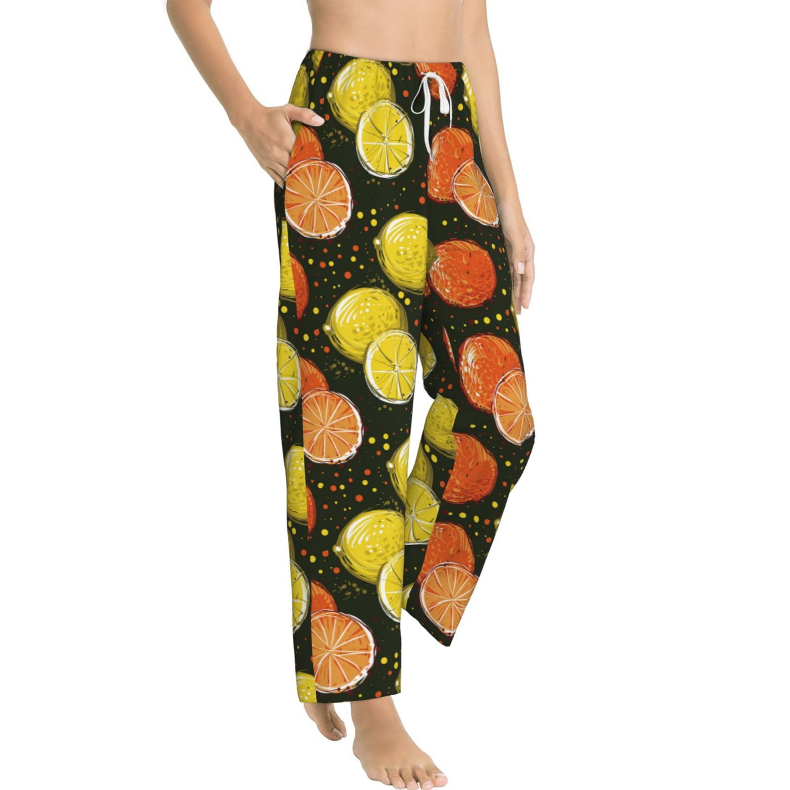 Goofa Orange Lemon Printed Soft Pajama Pants for Women, Wide Leg Comfy ...
