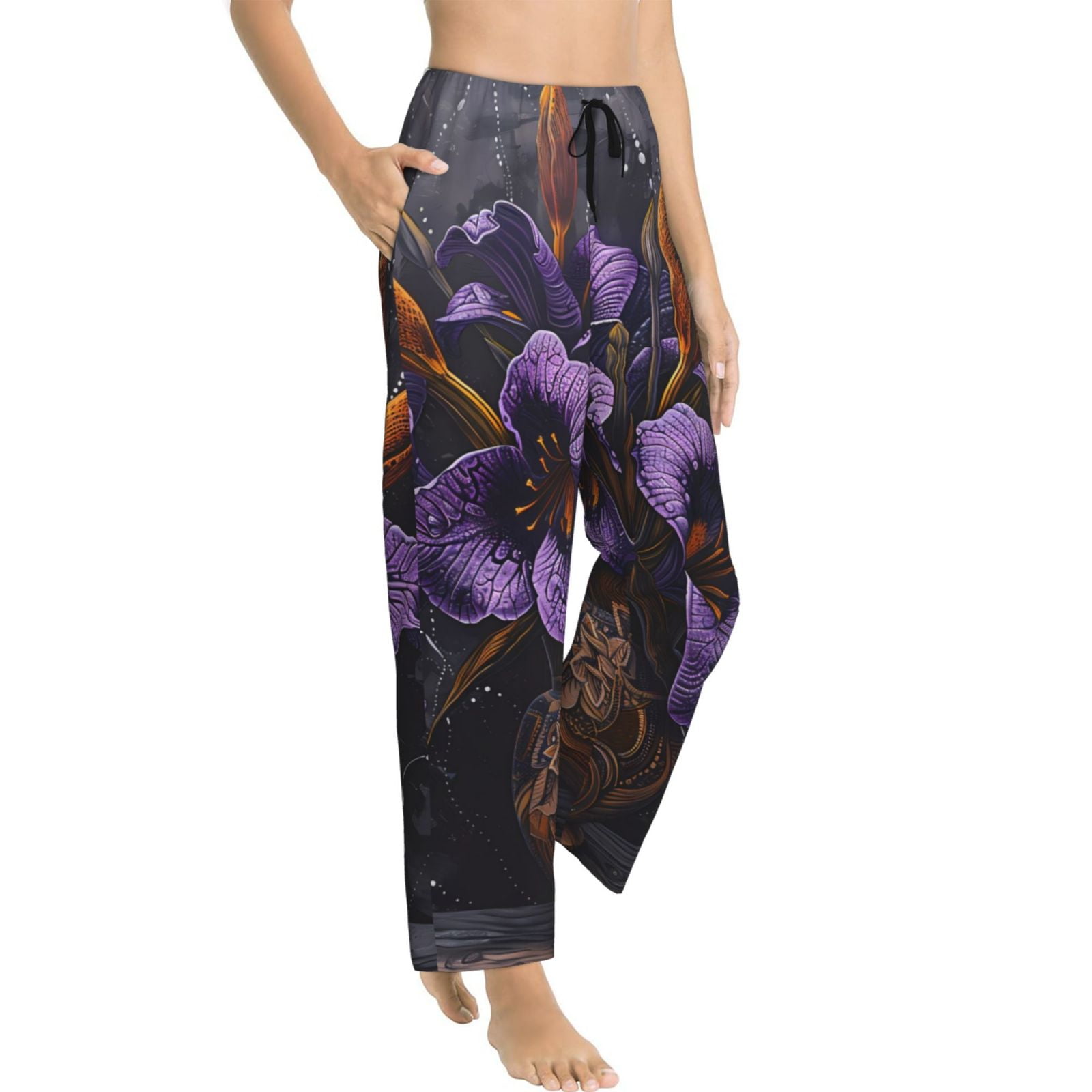 Goofa Ornate Purple Floral Vase Printed Soft Pajama Pants for Women, Wide Leg Comfy Casual ...