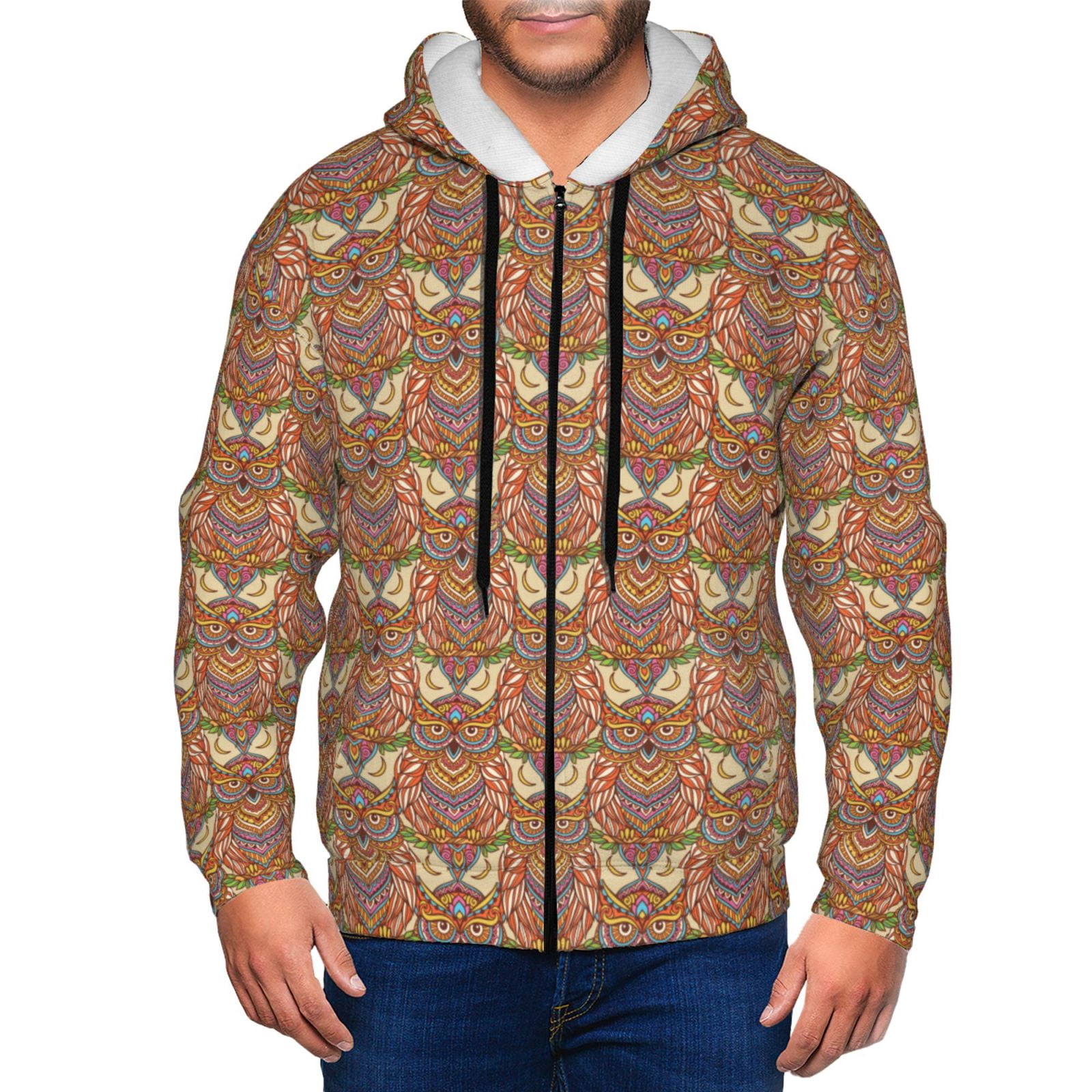 Goofa Owl Mandala Pattern Mens Full-zip Hoodie, Zip-up Pullover Hooded ...