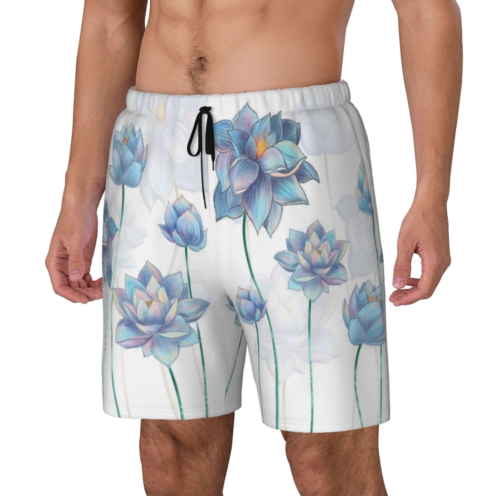 Goofa Pale Blue Lotus Flowers Printed Men's Swim Trunks Board Shorts ...