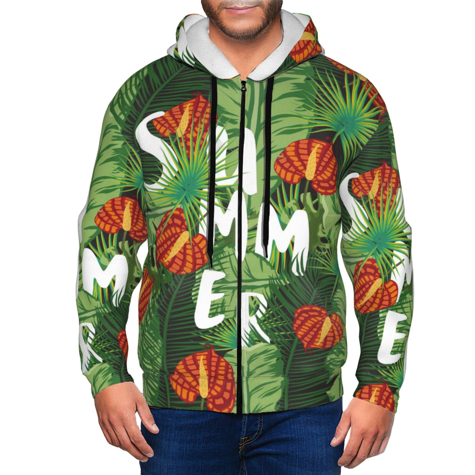 Goofa Palm Leaves And Tropical Flowers Pattern Mens Full-zip Hoodie ...