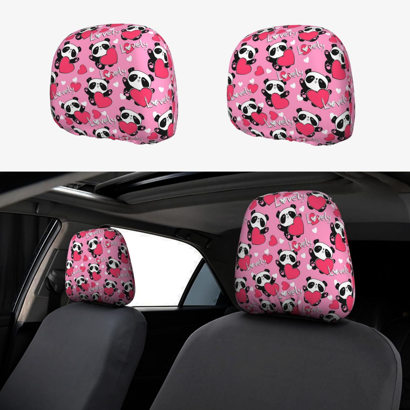 Goofa Panda Heart Valentine Pattern 2 PCS Car Headrest Cover, Headrest ...