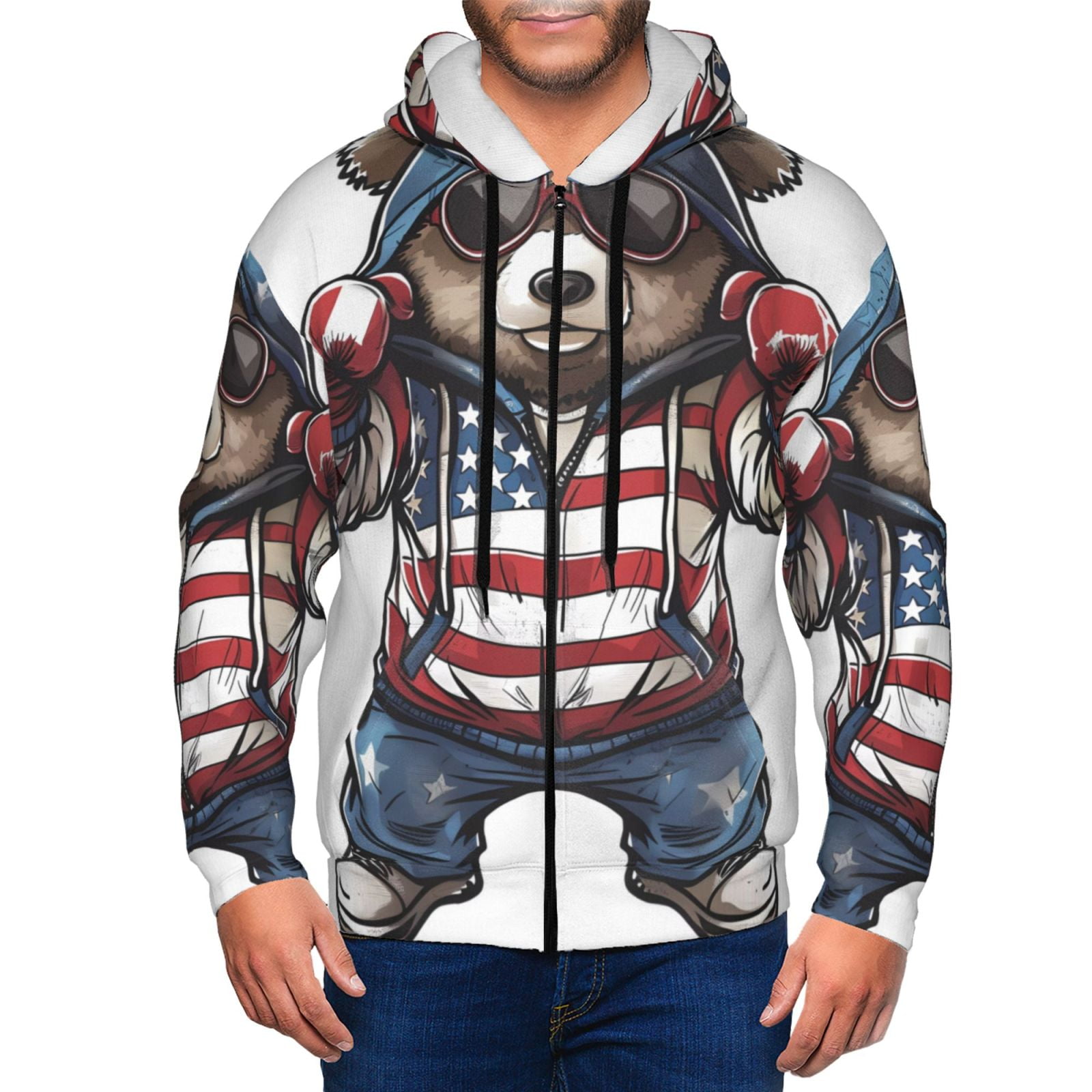 Goofa Patriotic Boxing Bear Art Pattern Mens Full-zip Hoodie, Zip-up ...
