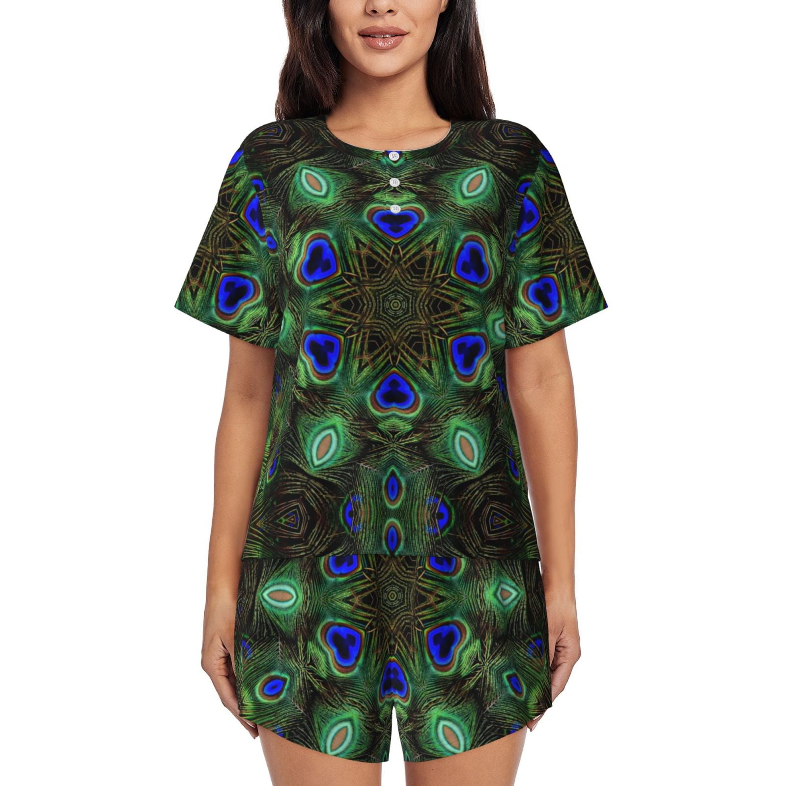 Goofa Peacock Feathers for Womens Cotton 2 Piece Pajamas Set Classic ...