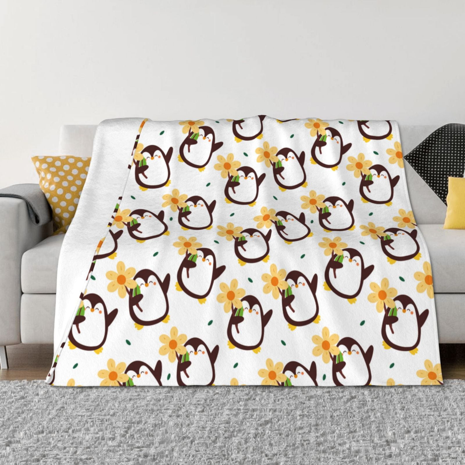 Goofa Penguin With Flowers Pattern Fleece Throw Blanket for Couch, Soft ...