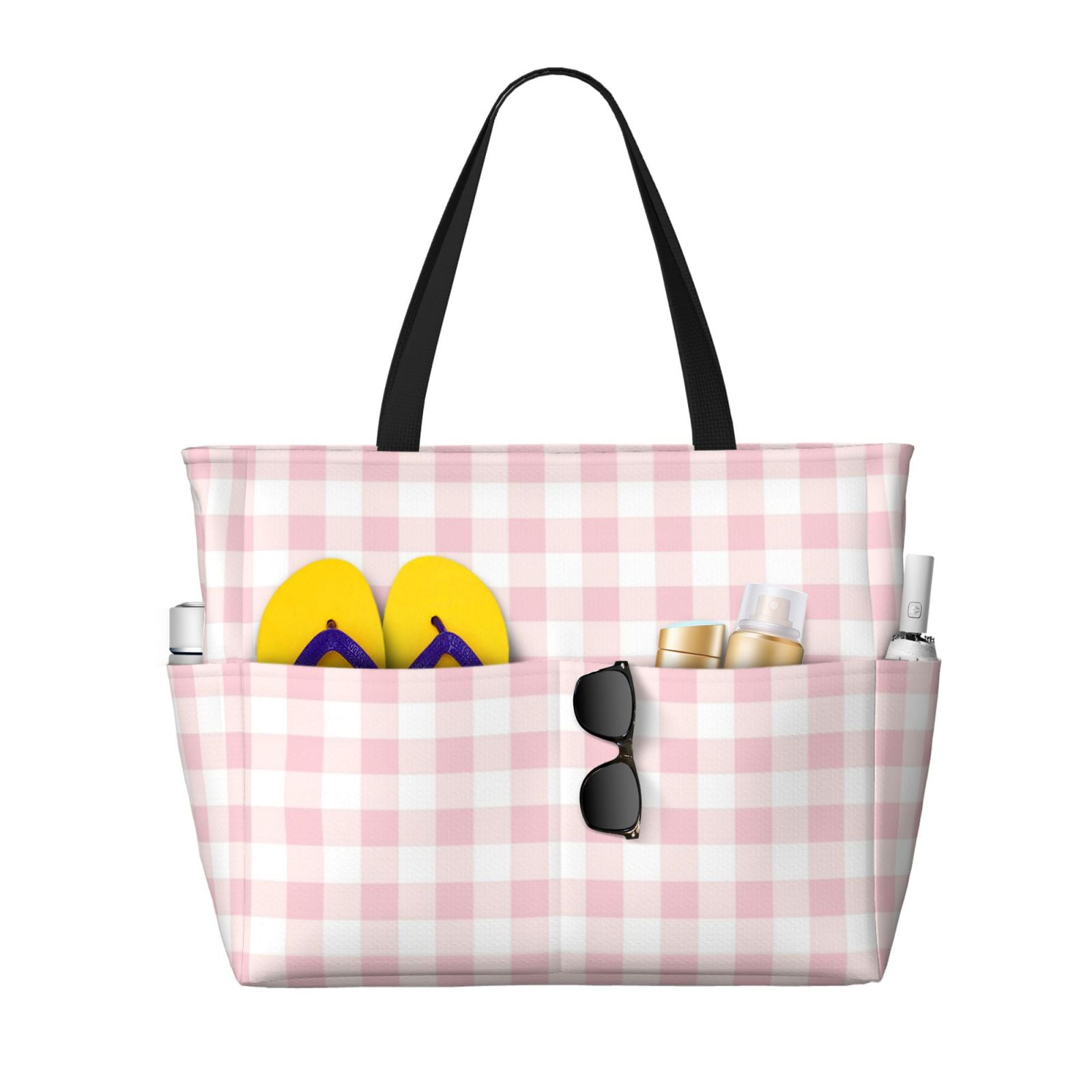 Goofa Pink Checkboard Print Beach Bags Waterproof Beach Tote Bag Zipper ...