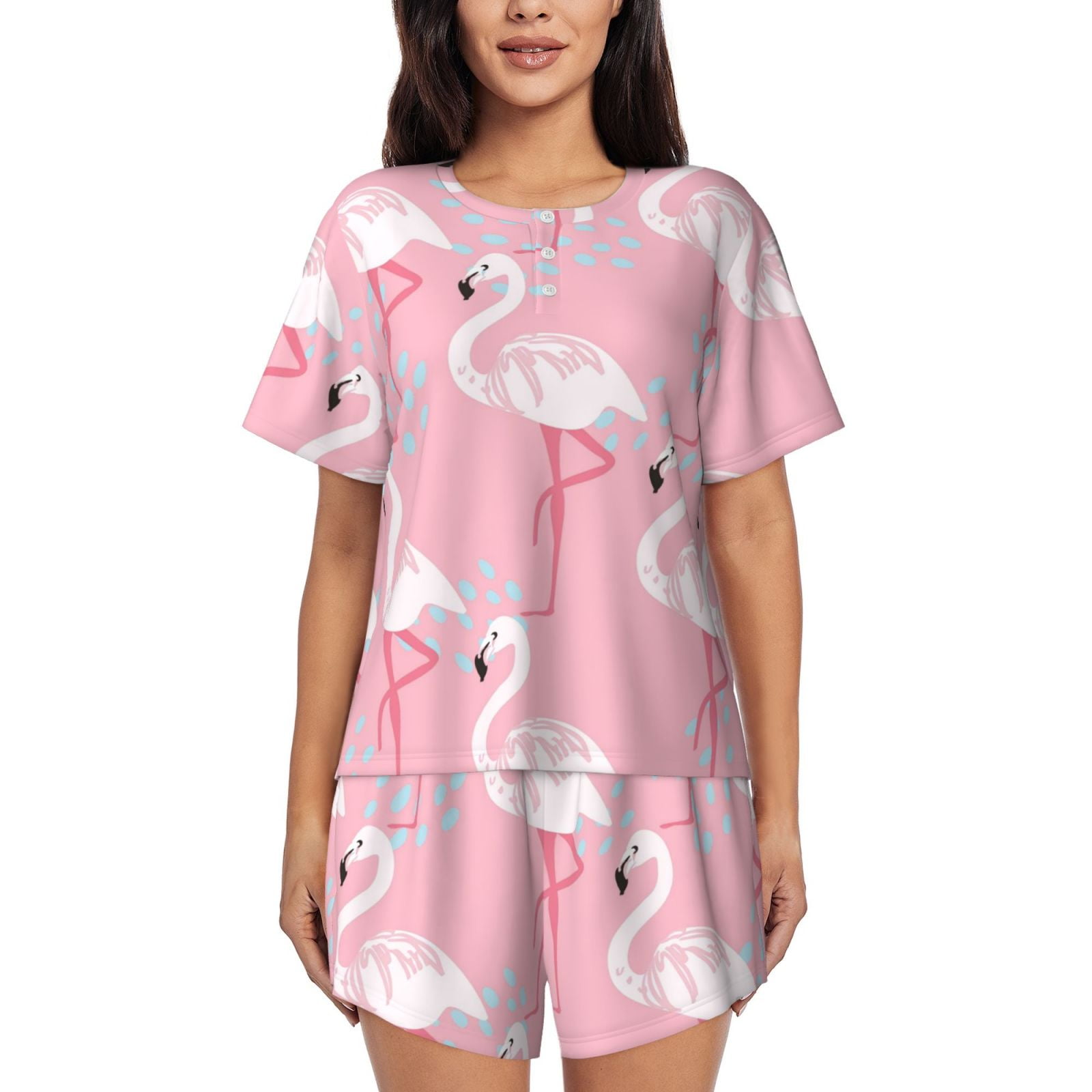 Goofa Pink Flamingo for Womens Cotton 2 Piece Pajamas Set Classic Short Sleeve Pjs Set Soft ...