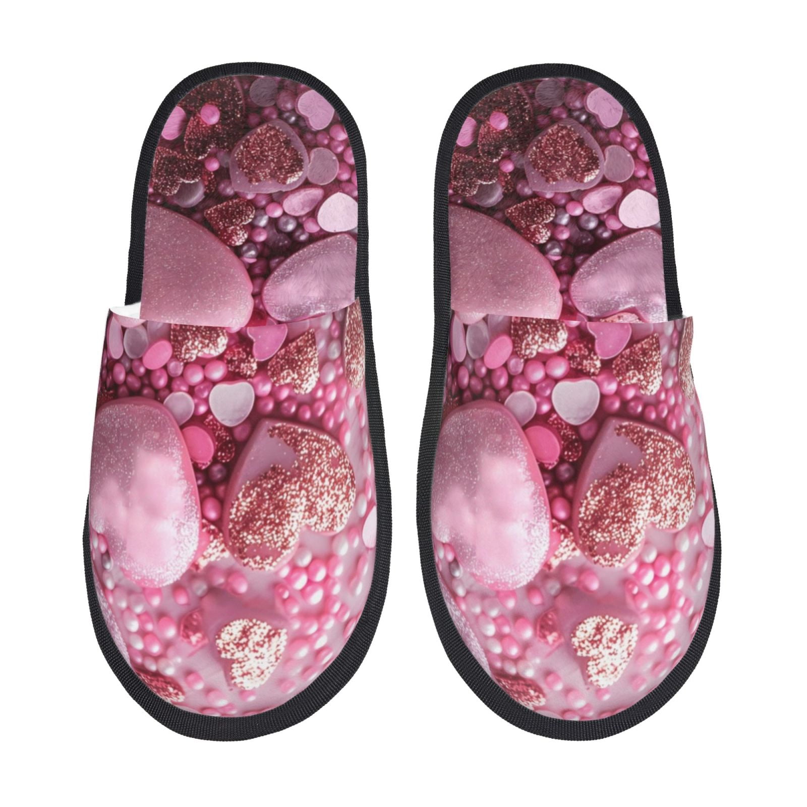 Goofa Pink Glitter Heart Candy Pattern Plush Furry Slippers for Men ...