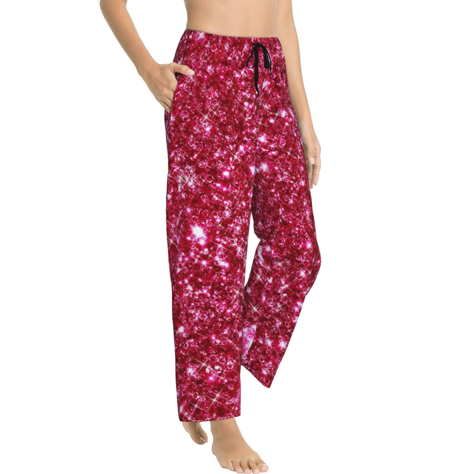 Goofa Pink Glitter Printed Soft Pajama Pants for Women, Wide Leg Comfy ...