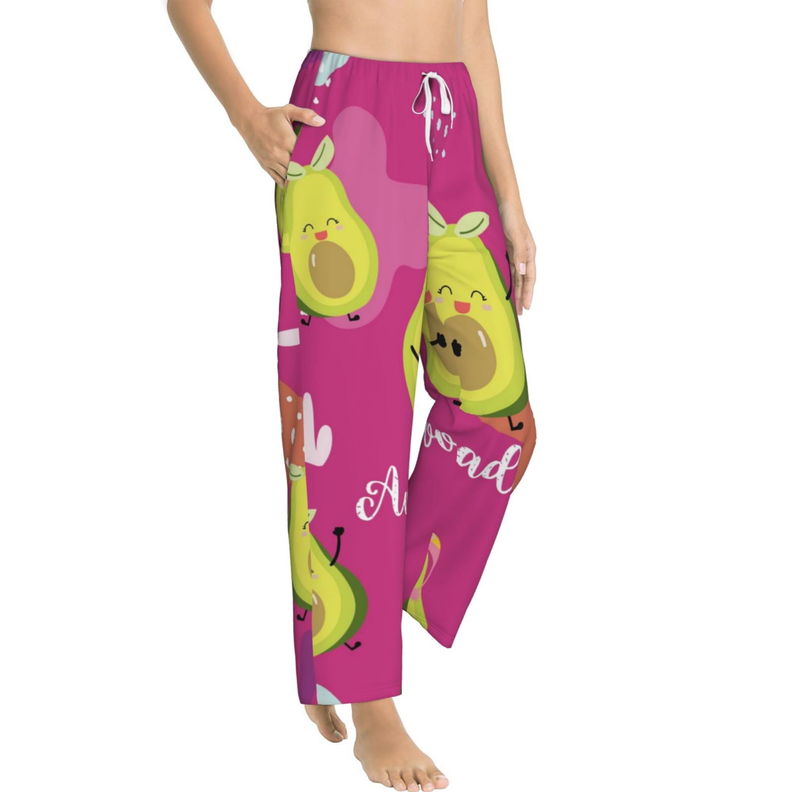 Goofa Pink Green Avocado Printed Soft Pajama Pants for Women, Wide Leg ...
