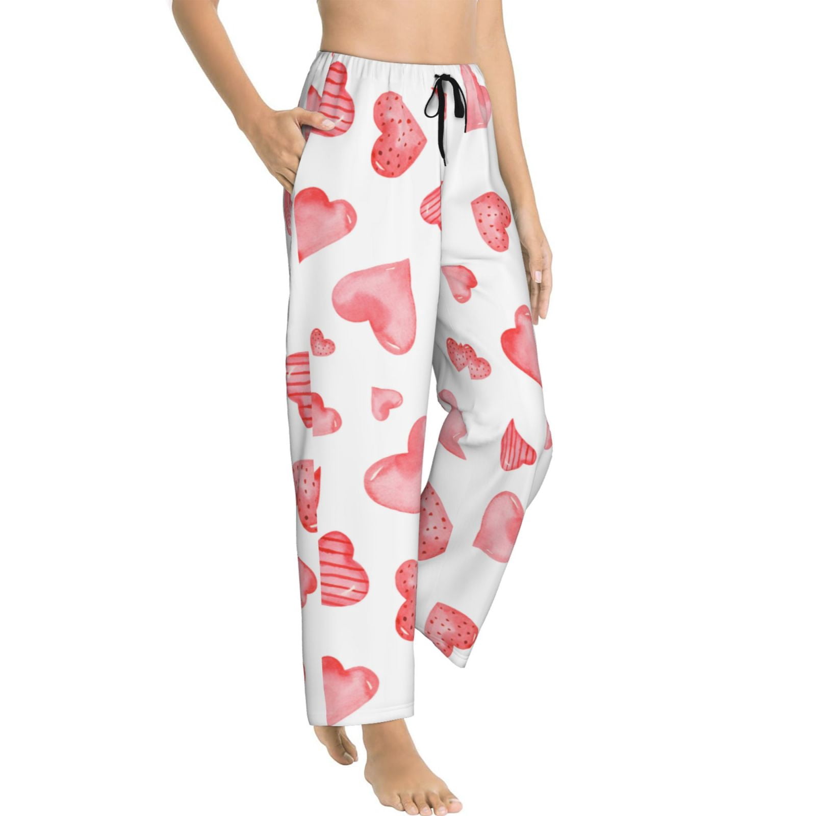 Goofa Pink Hearts Printed Soft Pajama Pants for Women, Wide Leg Comfy ...