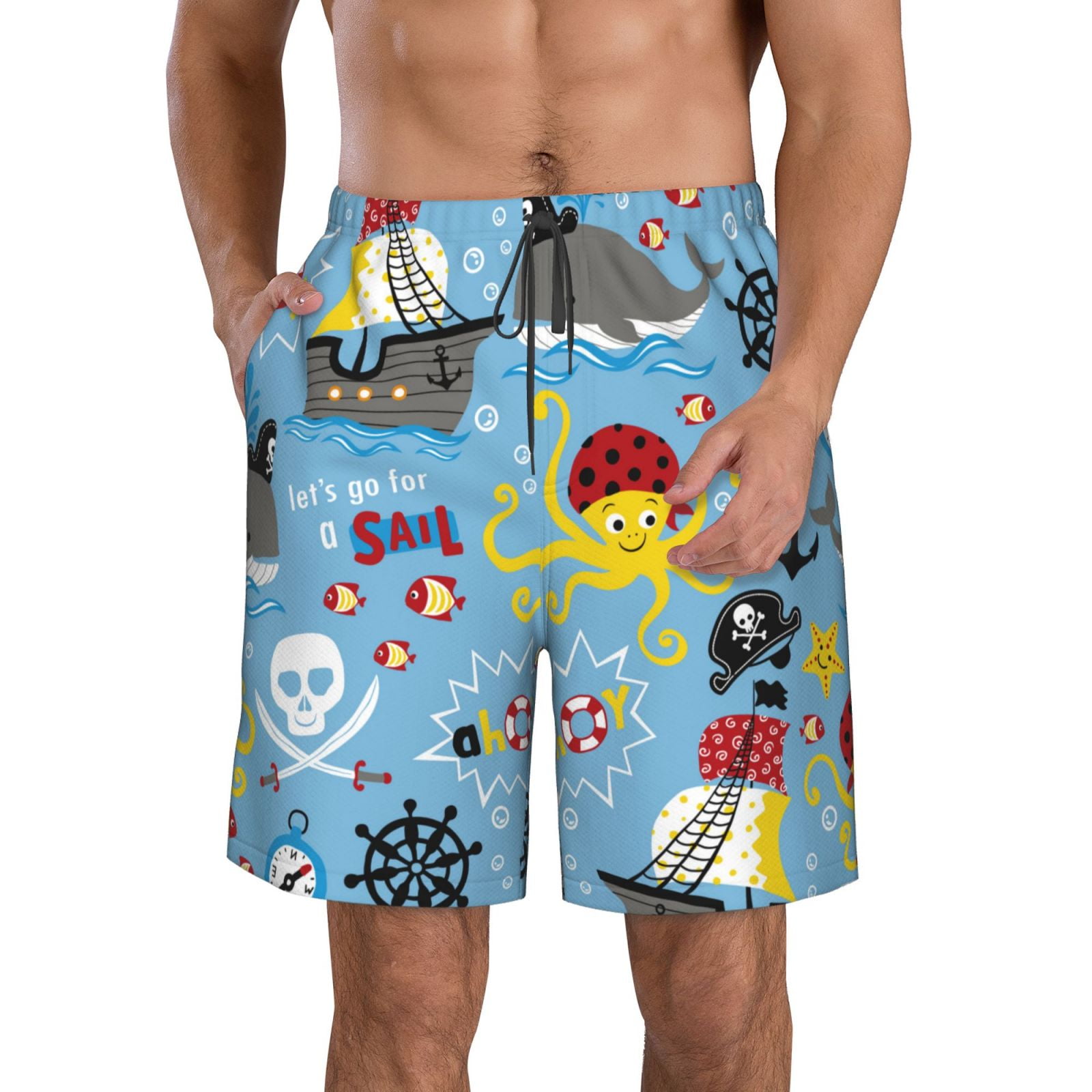 Goofa Pirate Marine Animals Printed Mens Swim Trunks Summer Quick Dry ...