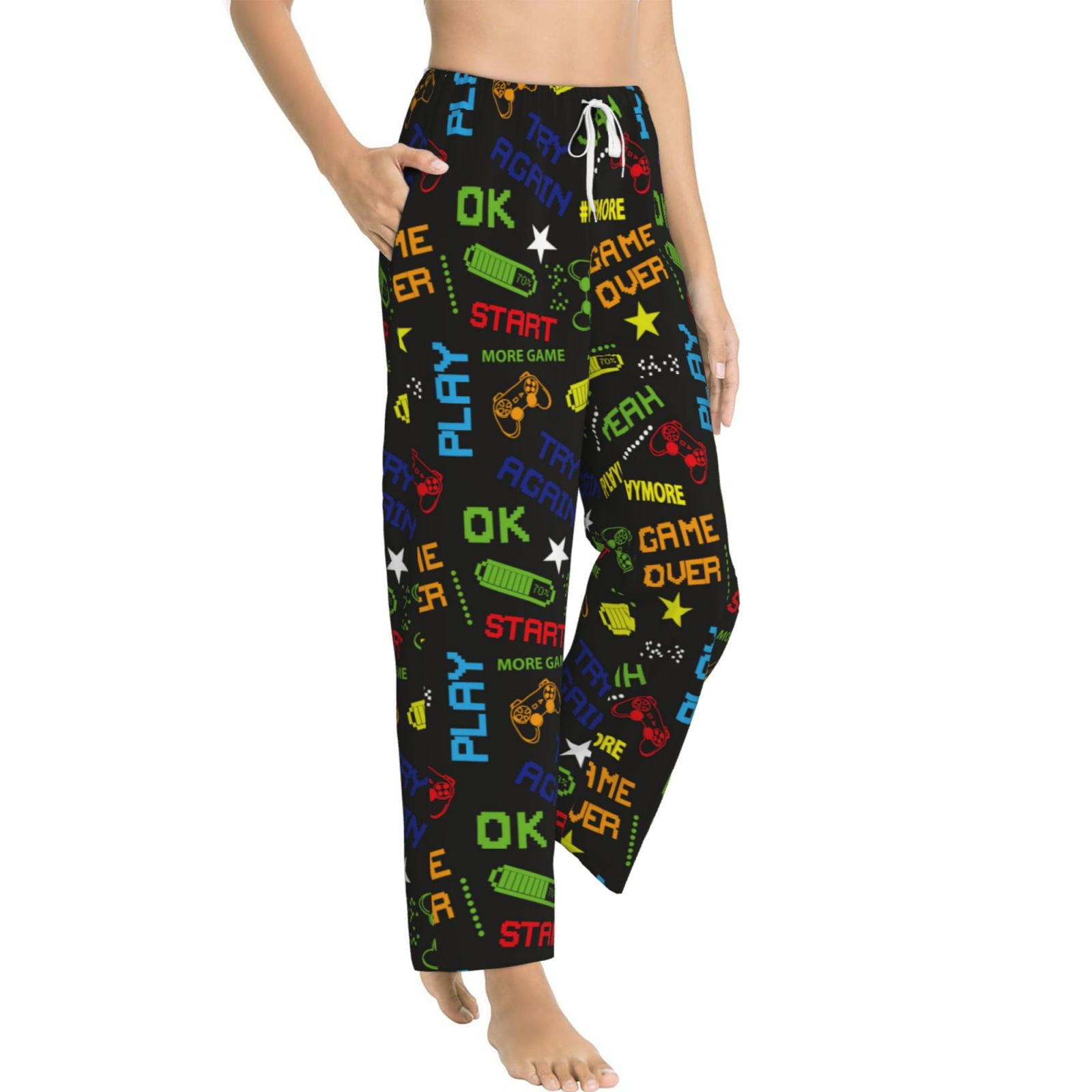 Goofa Pixel Game Printed Soft Pajama Pants for Women, Wide Leg Comfy ...