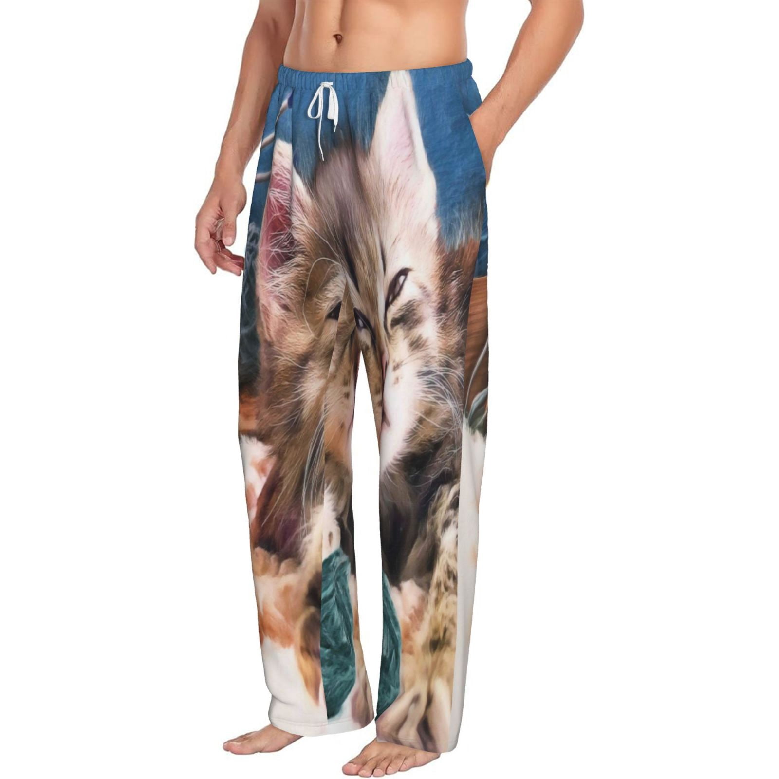 Goofa Playful Cat Printed Soft Pajama Pants for Men, Wide Leg Comfy ...
