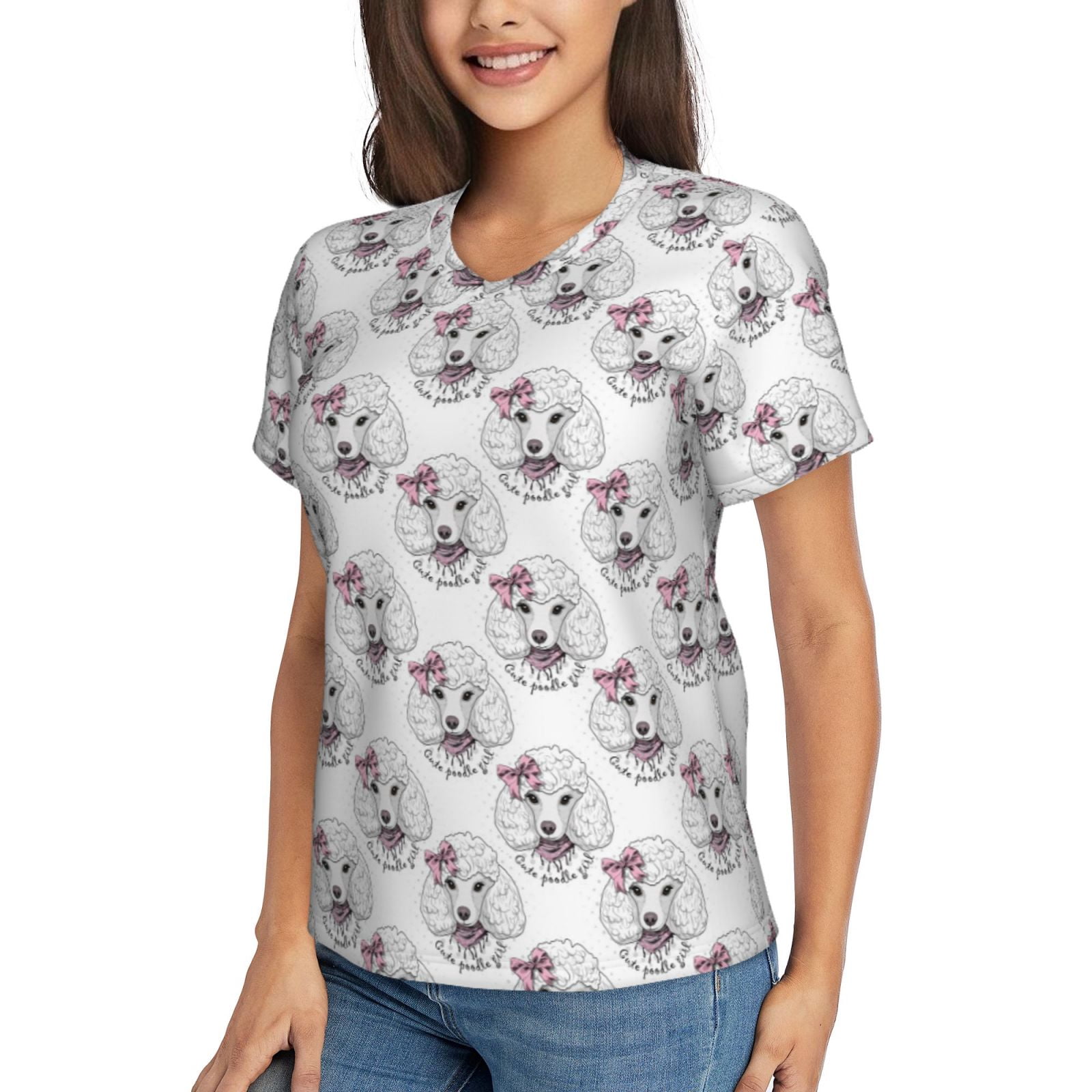 Goofa Poodle Dog Pattern Women's Slim-Fit Short-Sleeve V-Neck T-Shirt ...