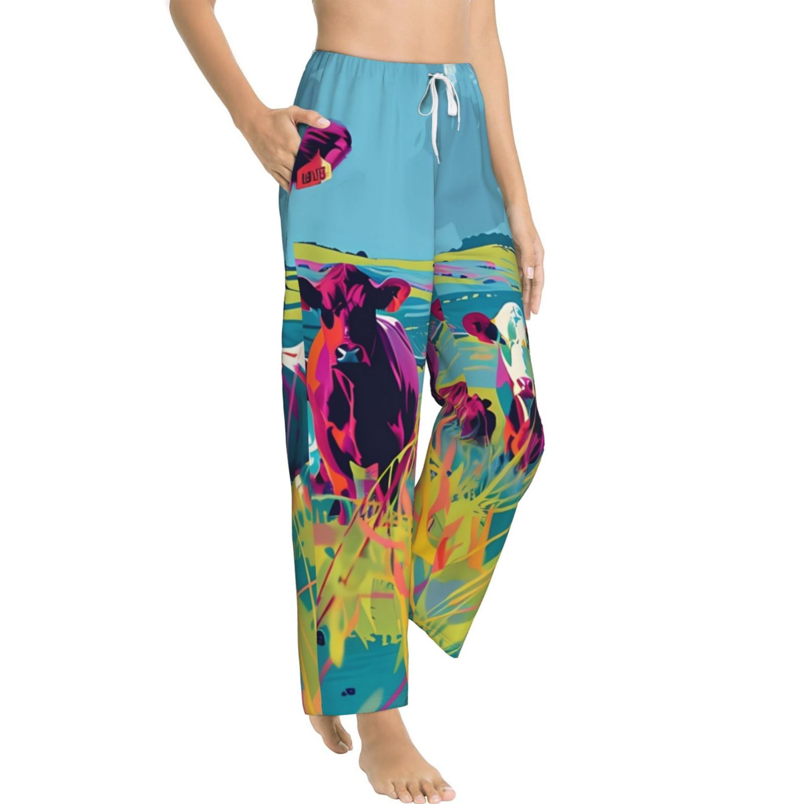 Goofa Pop Art Colorful Cows Printed Soft Pajama Pants for Women, Wide ...