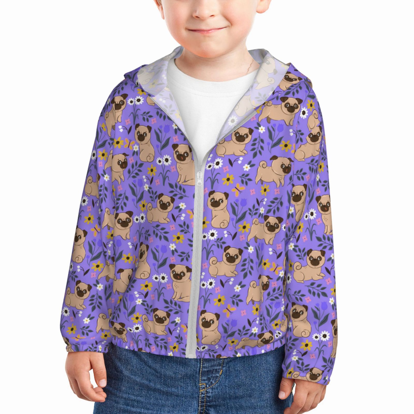 Goofa Pugs and Flowers Printed Kids Zip-Up Hoodie Girls Boys UPF50+ Sun Protection Jacket Hooded ...