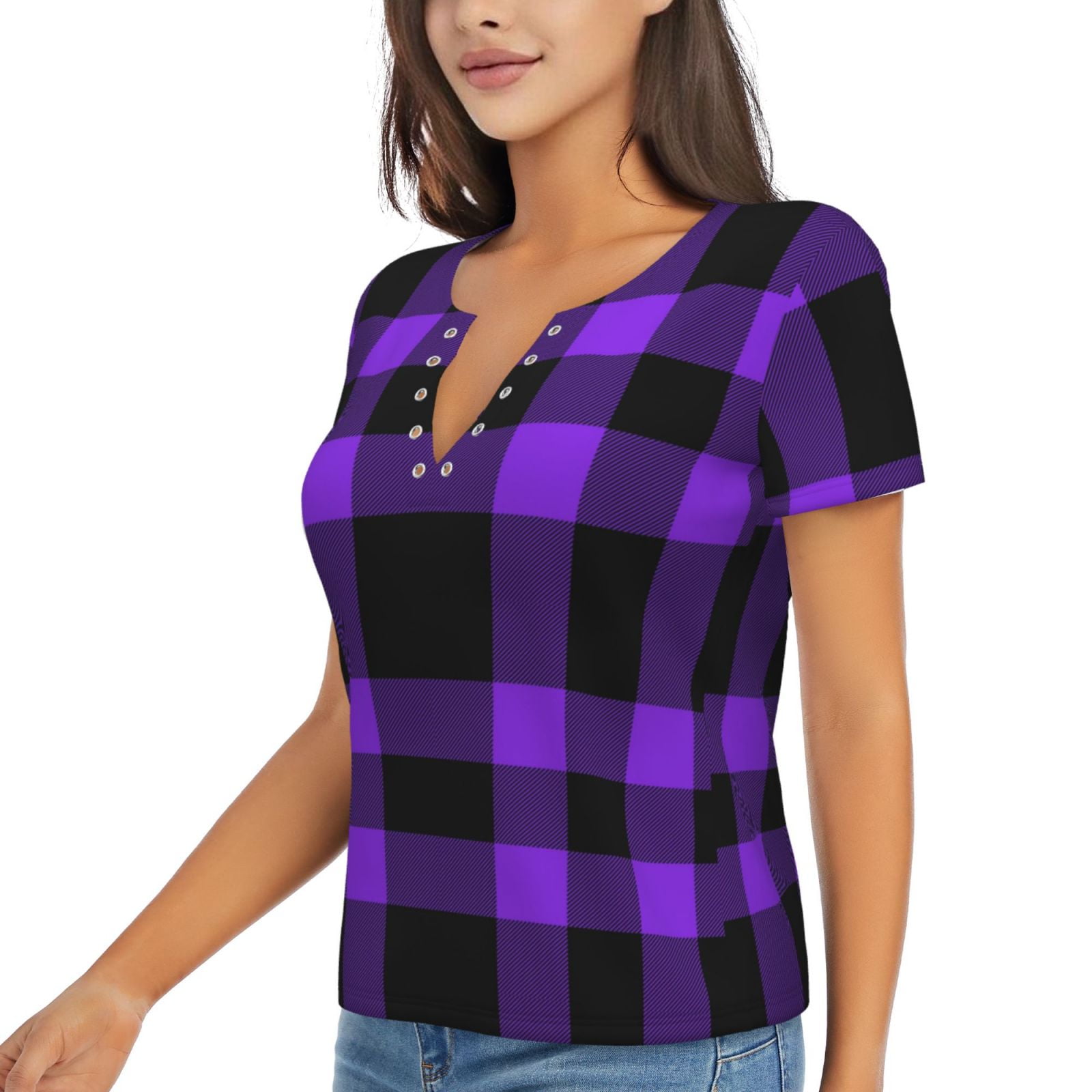 Goofa Purple Buffalo Plaid Pattern Womens Deep V Neck Low Cut Tops ...
