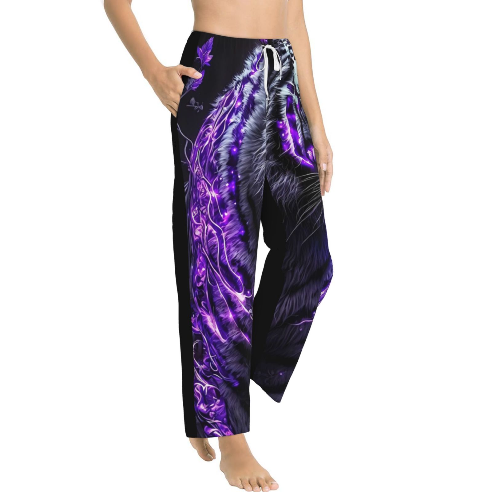 Goofa Purple Plant White Tiger Printed Soft Pajama Pants for Women ...