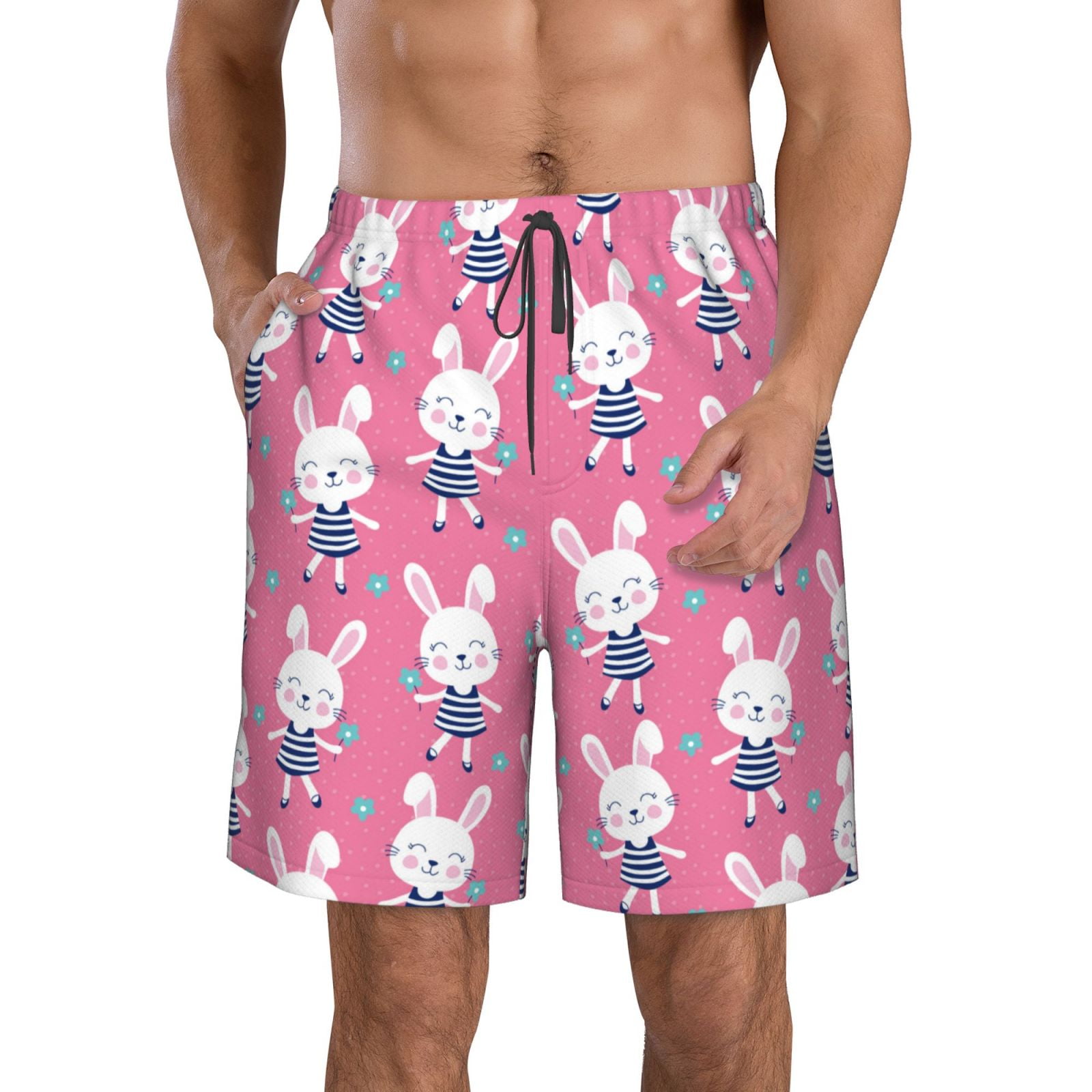 Goofa Rabbit Holding Flowers Printed Mens Swim Trunks Summer Quick Dry ...