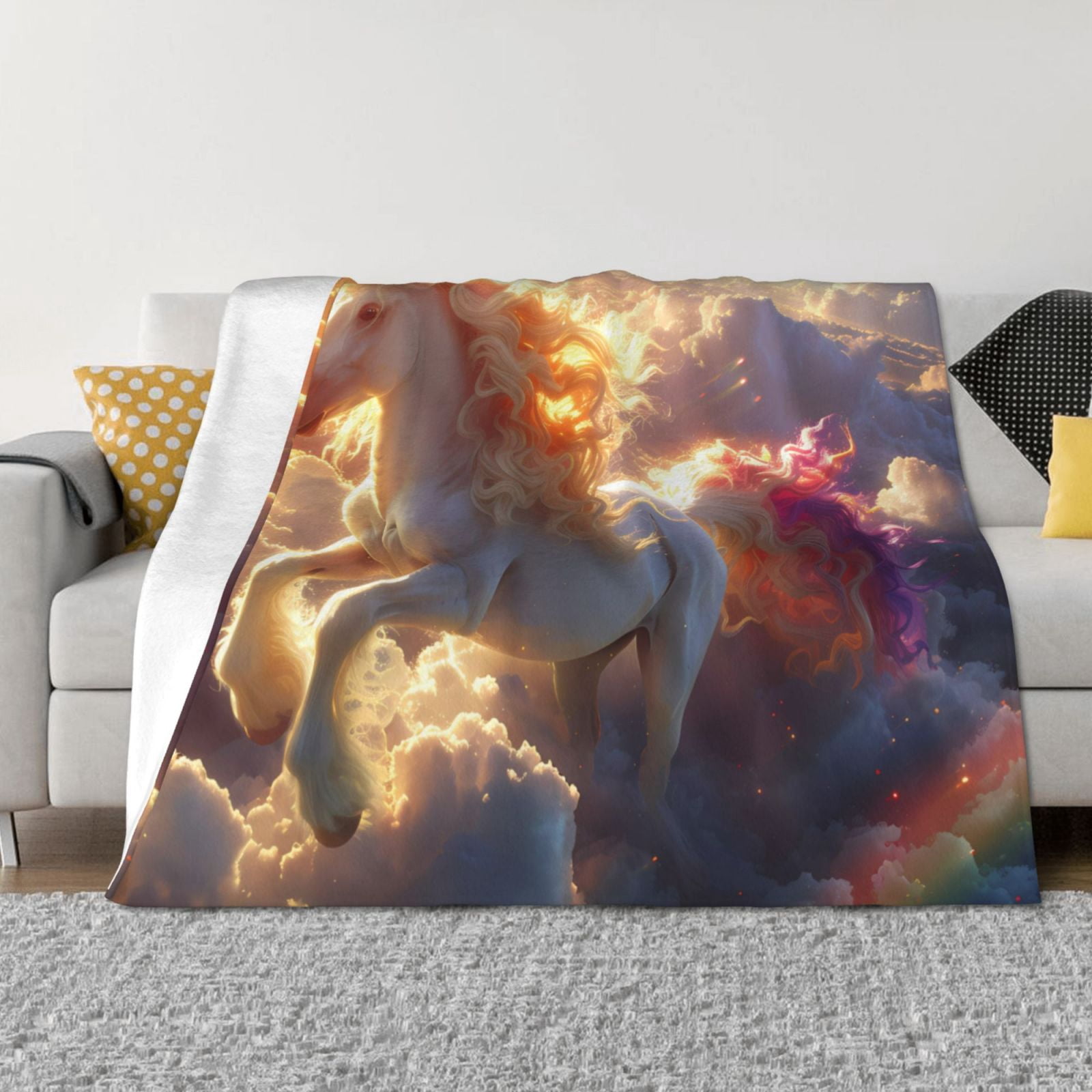 Goofa Rainbow Cloud White Horse Pattern Fleece Throw Blanket for Couch ...