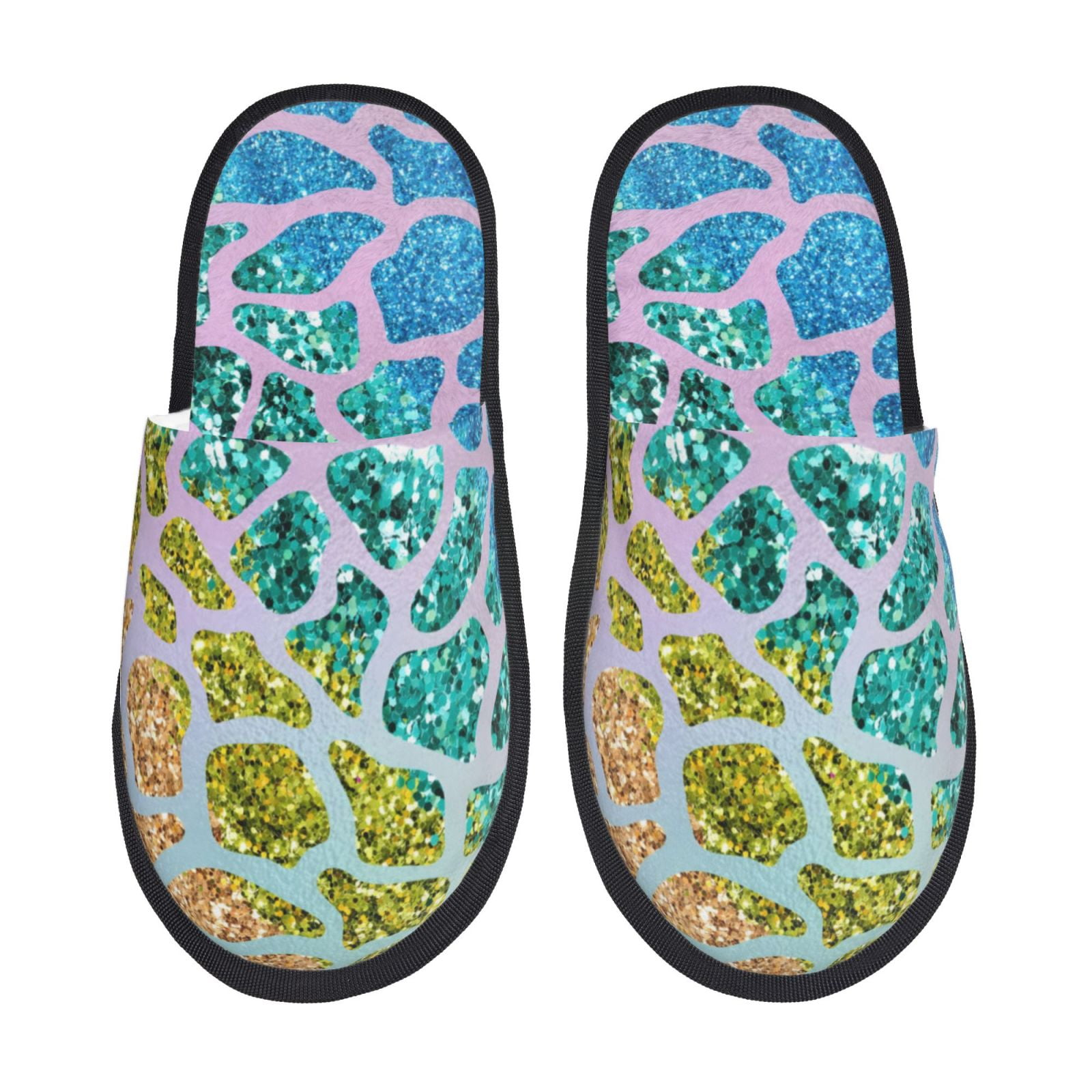 Goofa Rainbow Glitter Pattern Plush Furry Slippers for Men & Women, Cozy Indoor House Shoes with ...