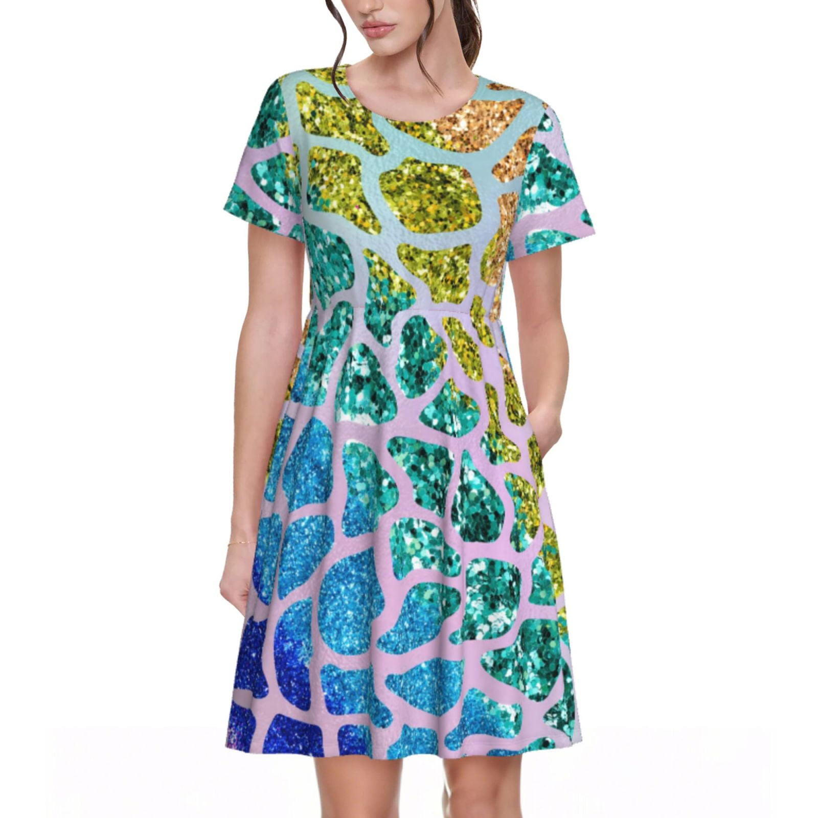 Goofa Rainbow Glitter Pattern Women Summer Short Sleeve Midi Dress with ...