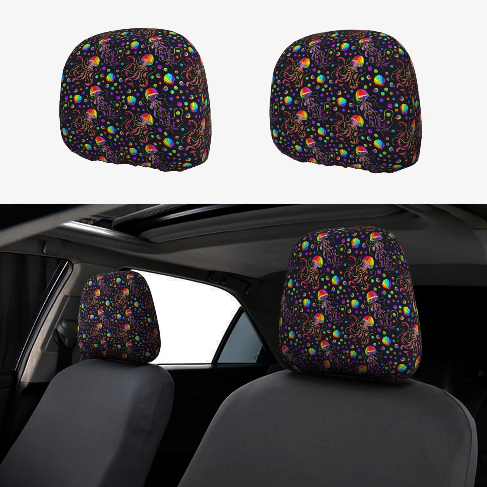 Goofa Rainbow Jellyfishes Pattern 2 PCS Car Headrest Cover, Headrest ...