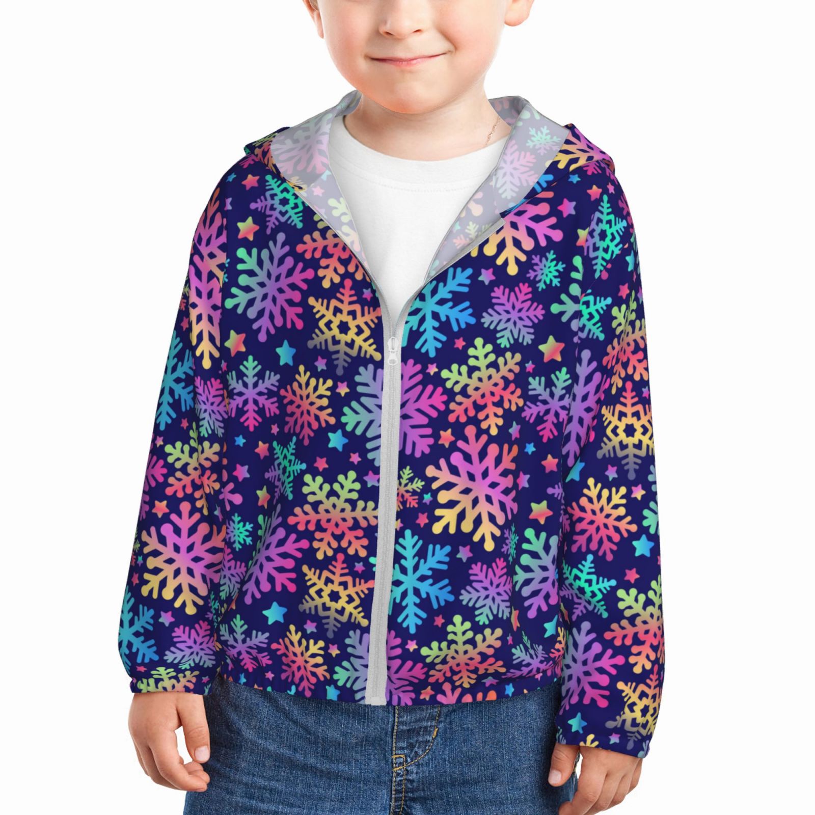 Goofa Rainbow Snowflakes Printed Kids Zip-Up Hoodie Girls Boys UPF50+ Sun Protection Jacket ...