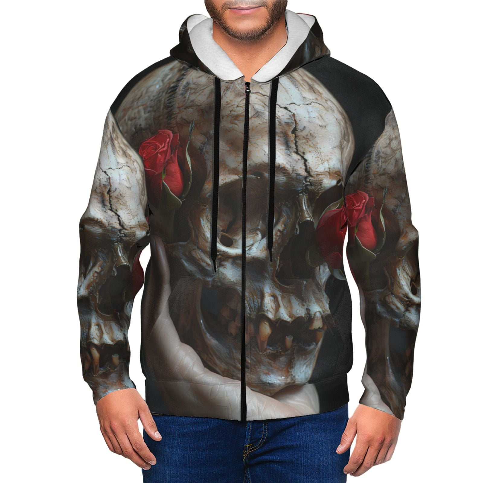 Goofa Realistic Rose Skull Pattern Mens Full-zip Hoodie, Zip-up ...