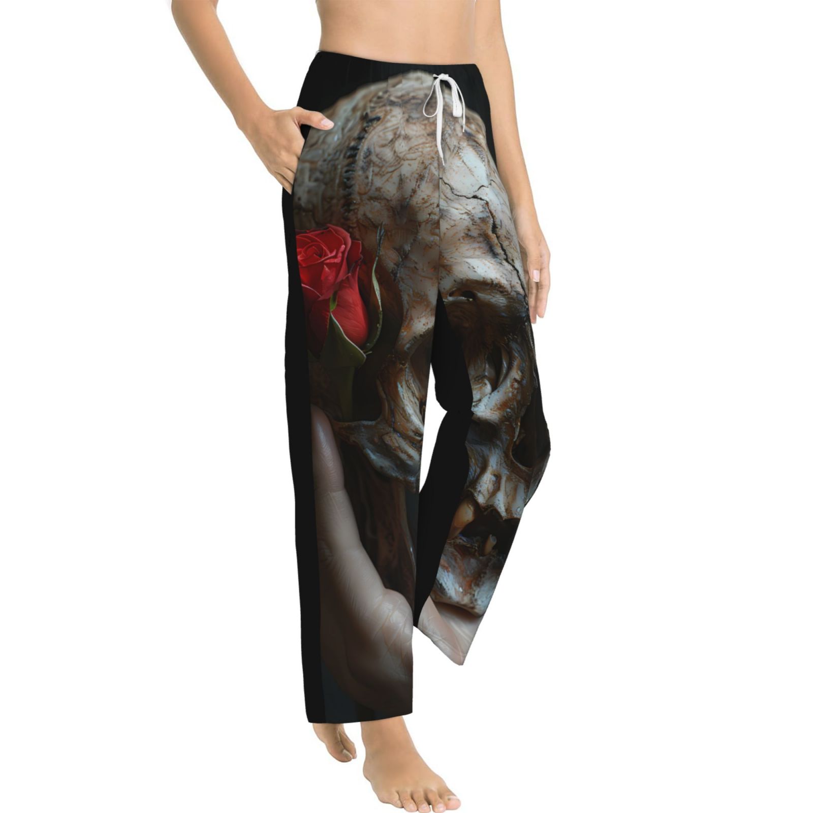 Goofa Realistic Rose Skull Printed Soft Pajama Pants for Women, Wide ...