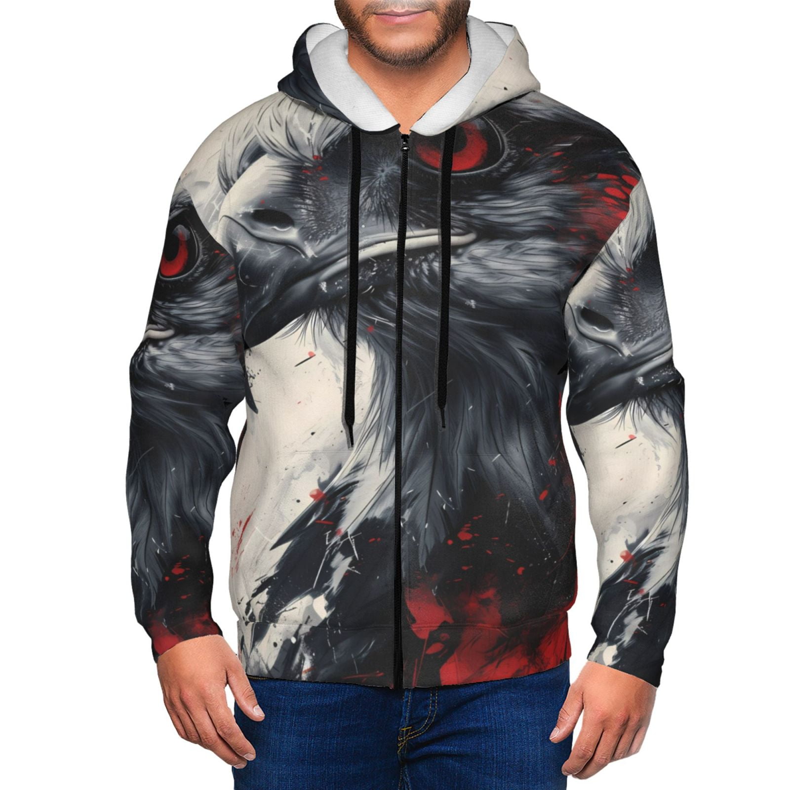 Goofa Red Black Ink Style Bald Eagle Pattern Mens Full-zip Hoodie, Zip ...