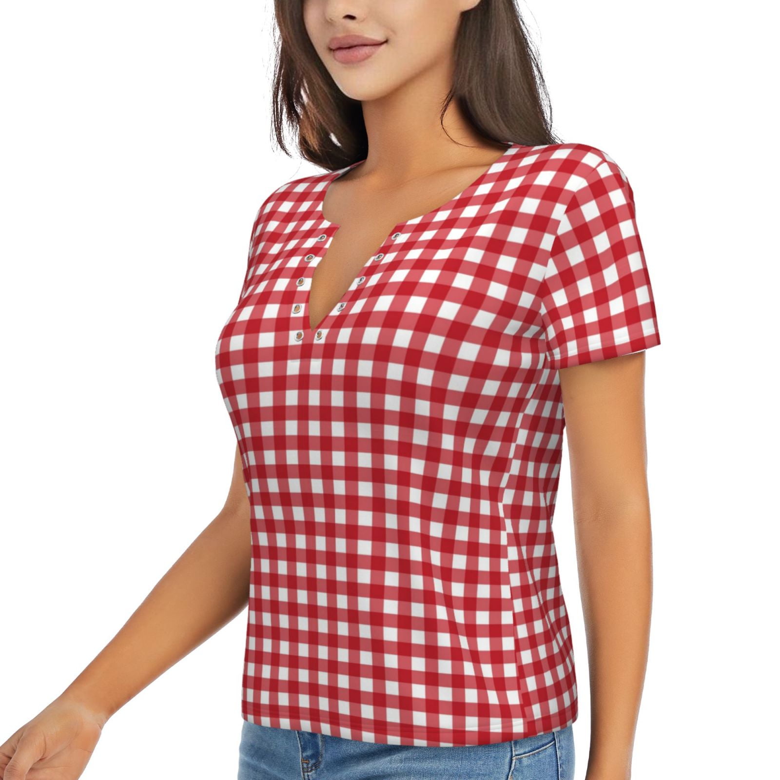 Goofa Red Checkboard Pattern Womens Deep V Neck Low Cut Tops Casual ...
