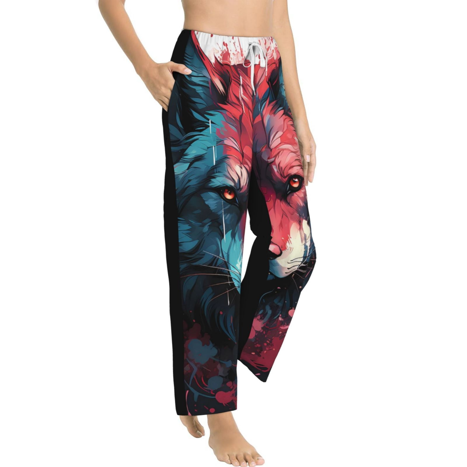 Goofa Red Flame Wolf Head Printed Soft Pajama Pants for Women, Wide Leg ...