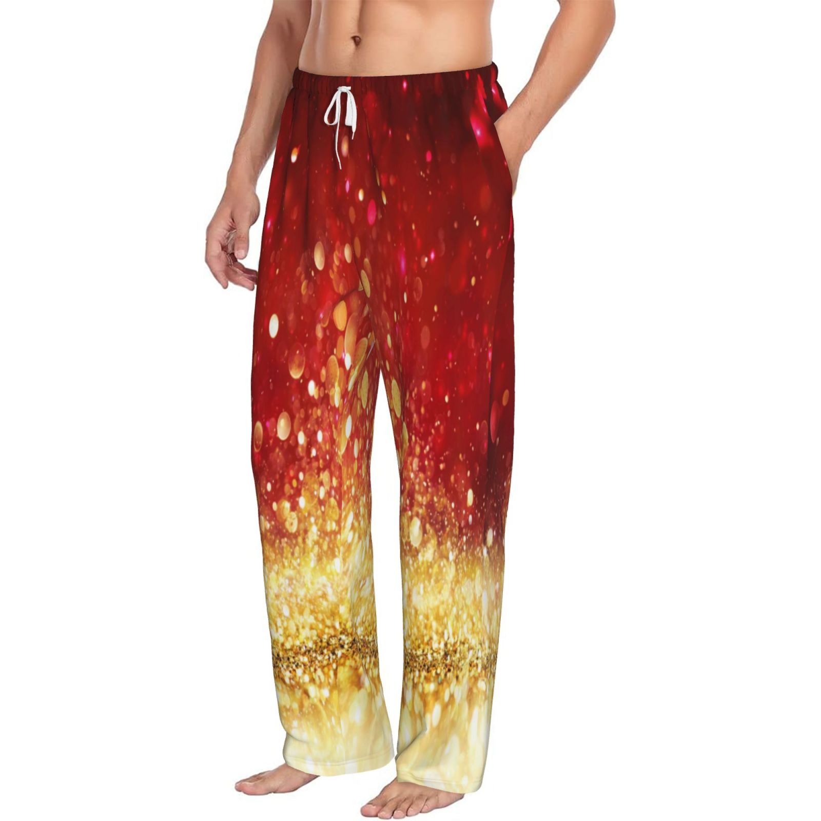 Goofa Red Gold Glitter Printed Soft Pajama Pants for Men, Wide Leg ...