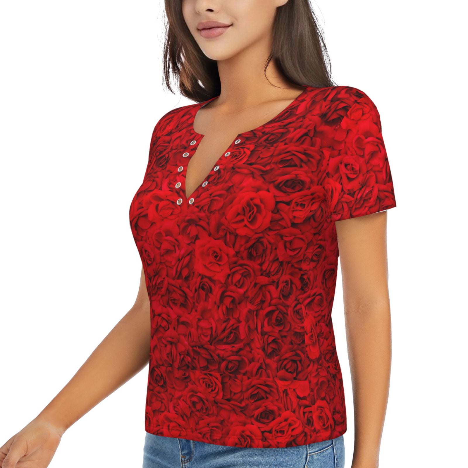 Goofa Red Rose Pattern Womens Deep V Neck Low Cut Tops Casual Summer ...
