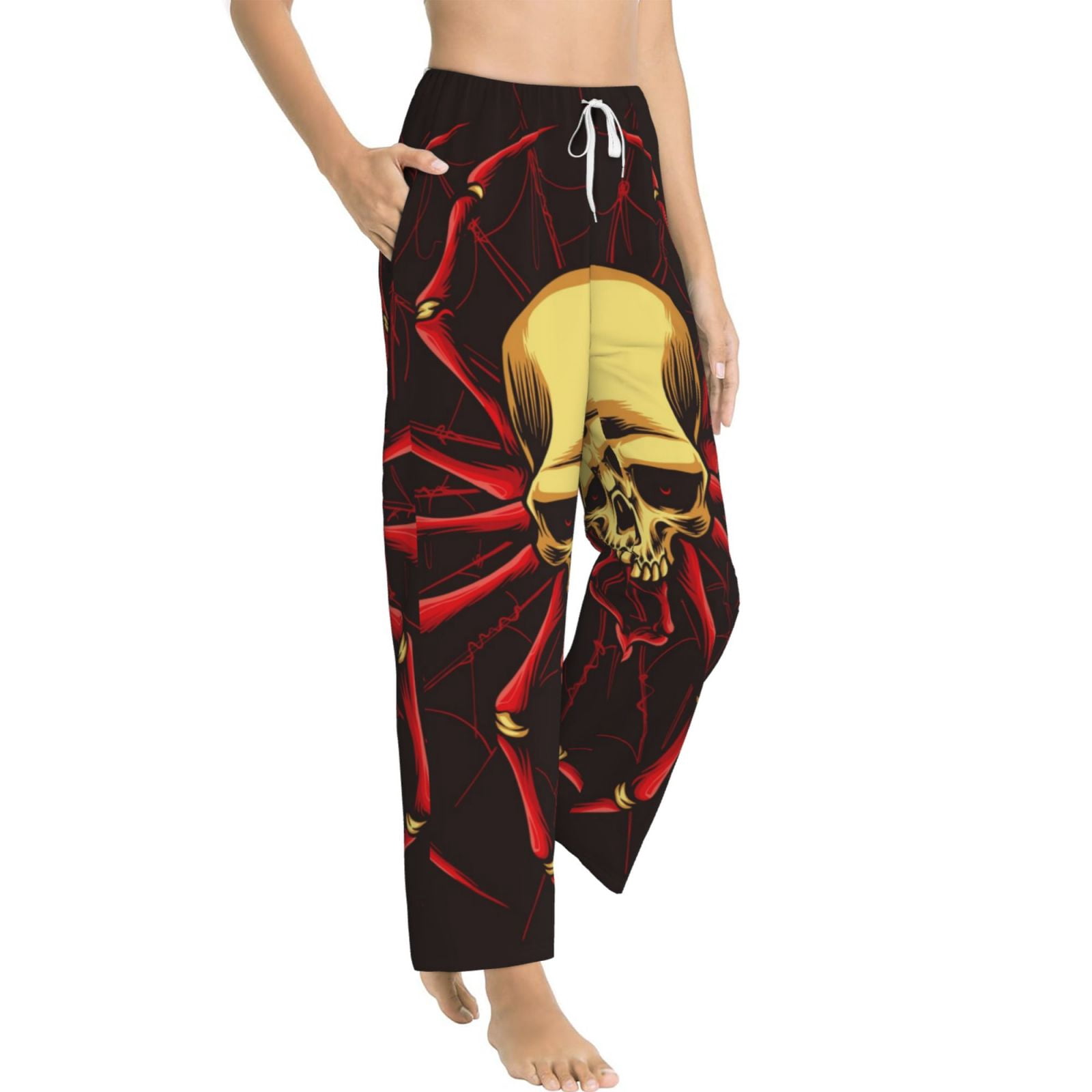 Goofa Red Skull Spider Printed Soft Pajama Pants for Women, Wide Leg ...