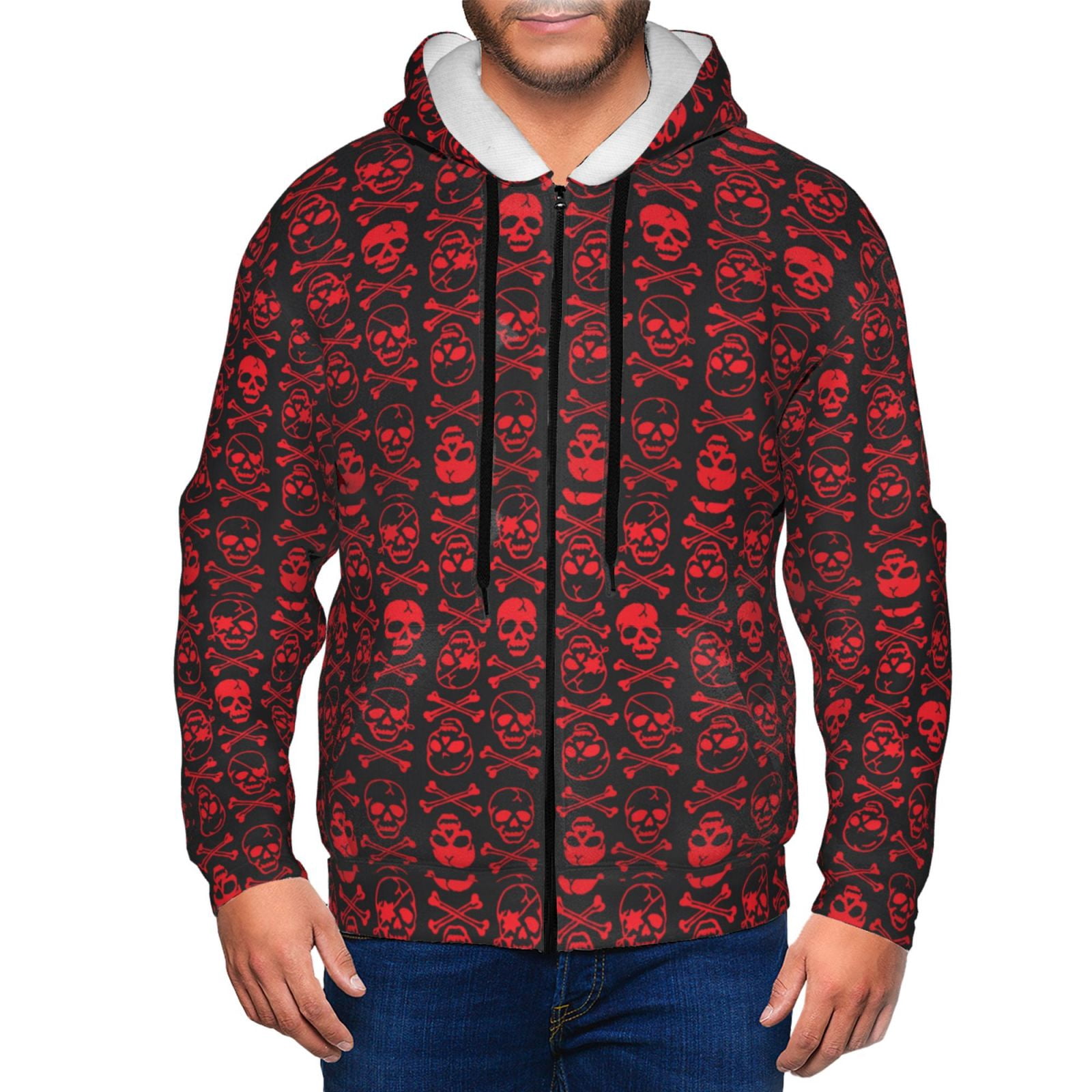 Goofa Red Skulls With Crossbones Pattern Mens Full-zip Hoodie, Zip-up ...