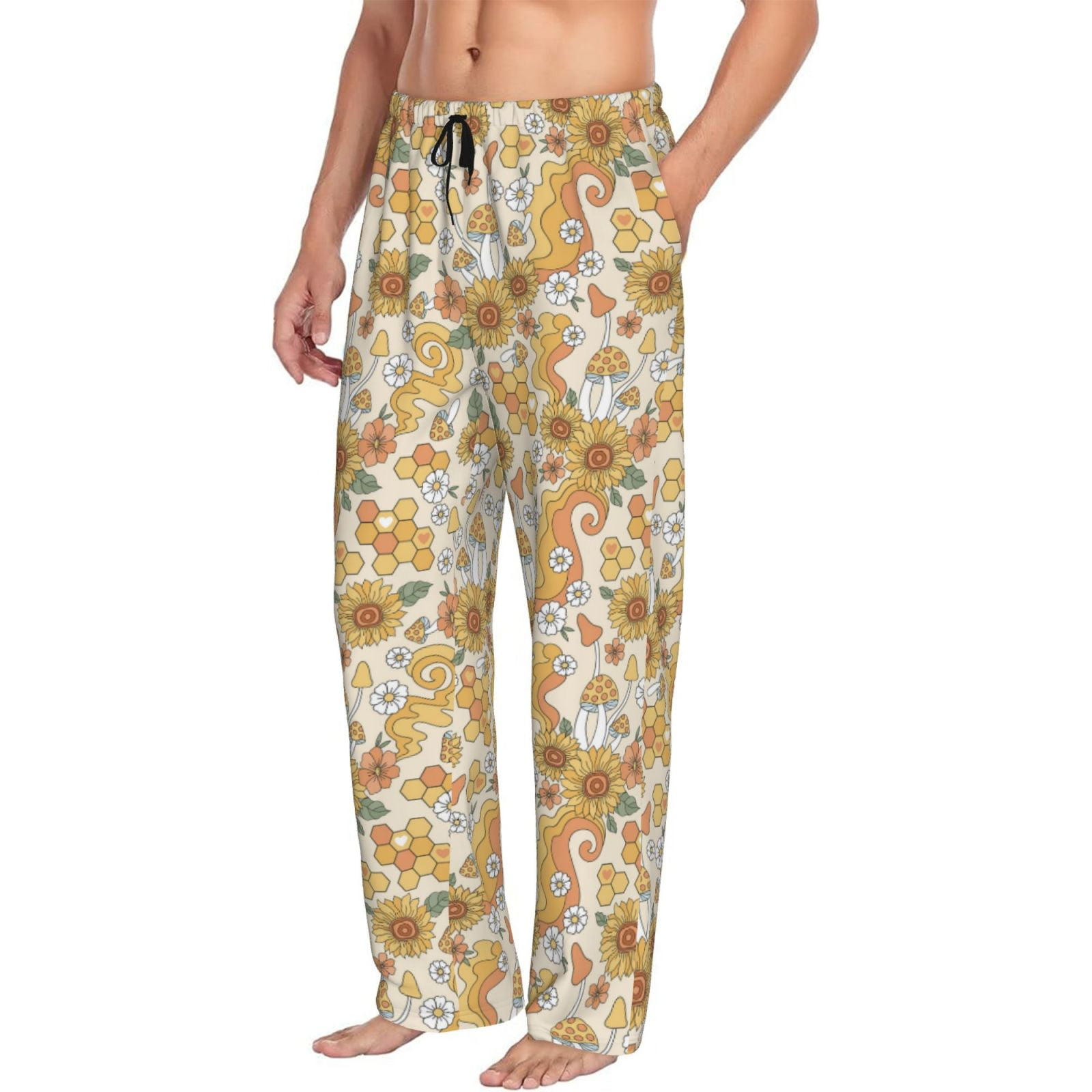 Goofa Retro 70s 60s Flower Printed Soft Pajama Pants for Men, Wide Leg ...