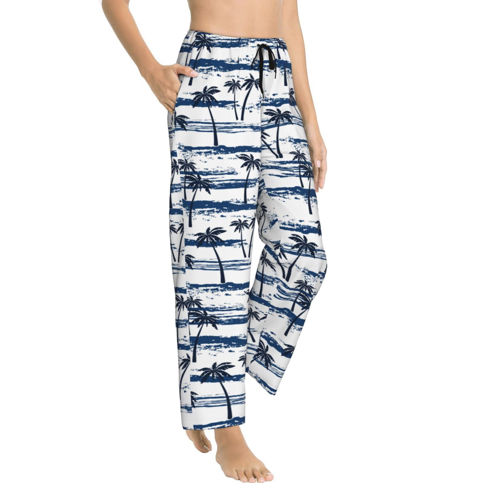 Goofa Retro Coconut Tree Printed Soft Pajama Pants for Women, Wide Leg ...