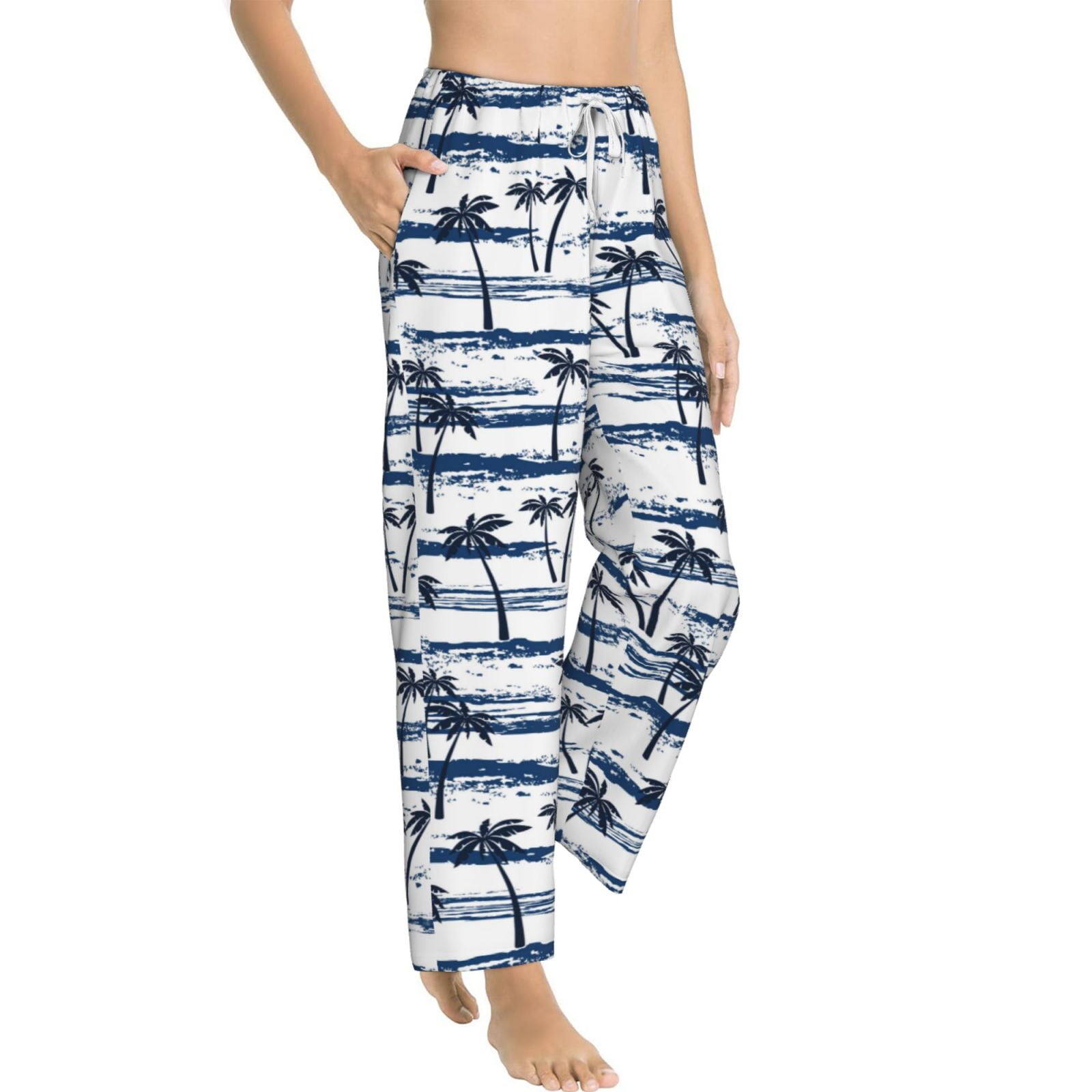 Goofa Retro Coconut Tree Printed Soft Pajama Pants for Women, Wide Leg ...
