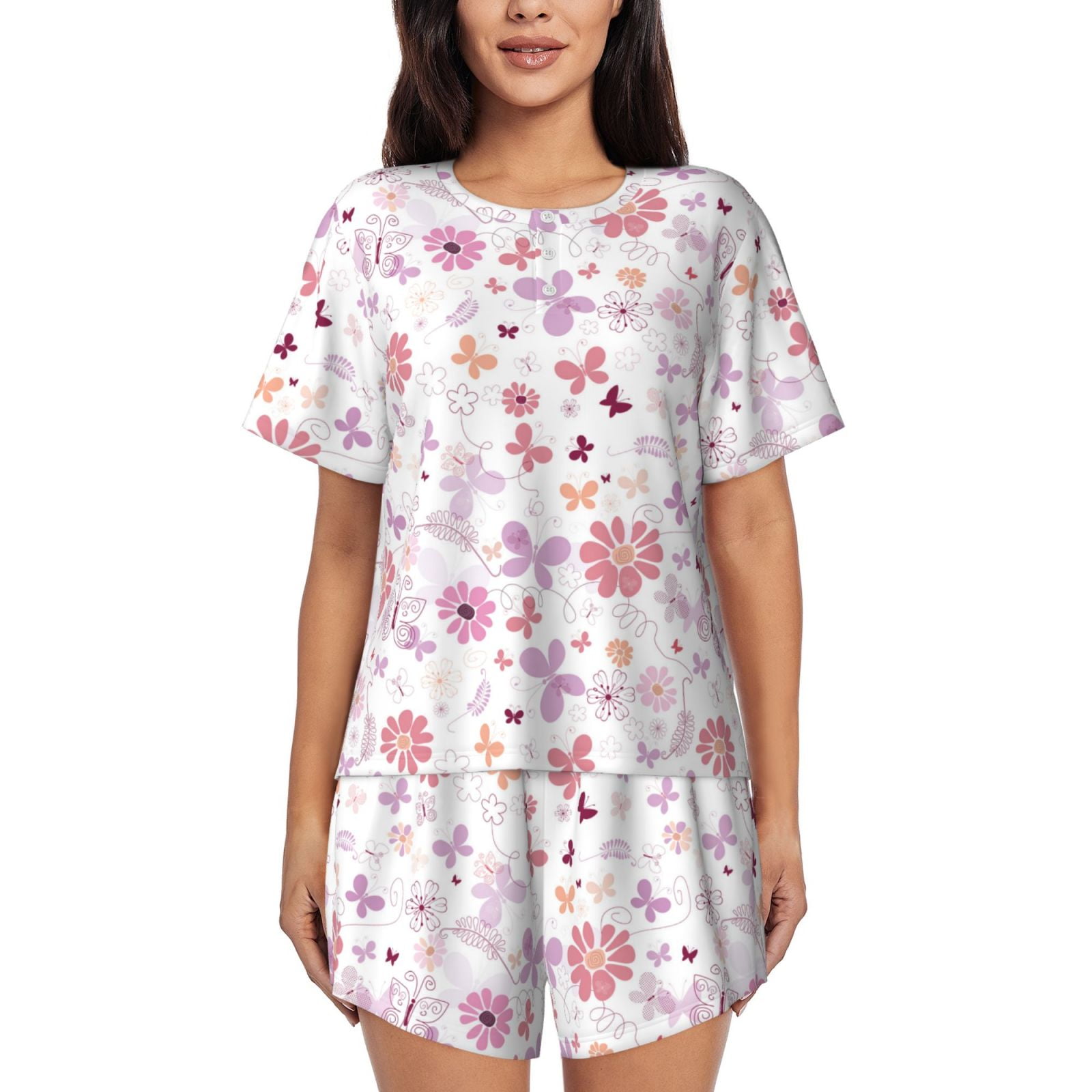 Goofa Retro Floral for Womens Cotton 2 Piece Pajamas Set Classic Short ...