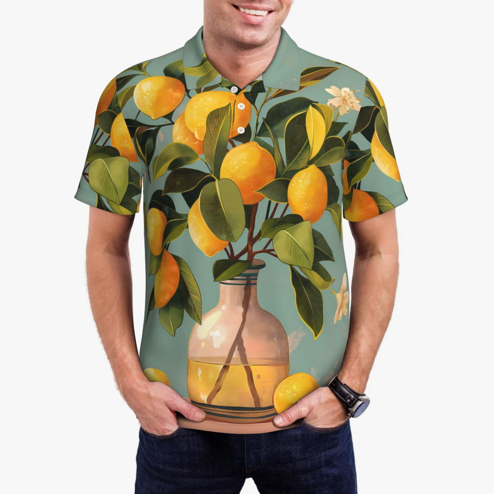 Goofa Retro Warm Lemon Flower Print Mens Polo Shirts Quick Dry Short ...