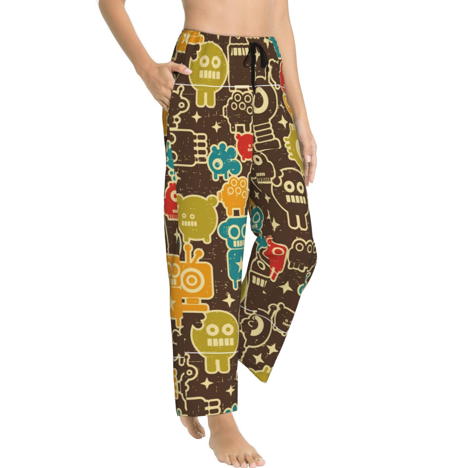 Goofa Robot and Monsters Printed Soft Pajama Pants for Women, Wide Leg ...