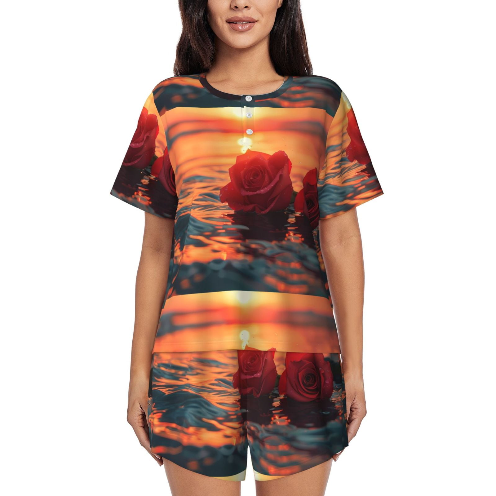 Goofa Romantic Roses Sunset Ocean for Womens Cotton 2 Piece Pajamas Set ...