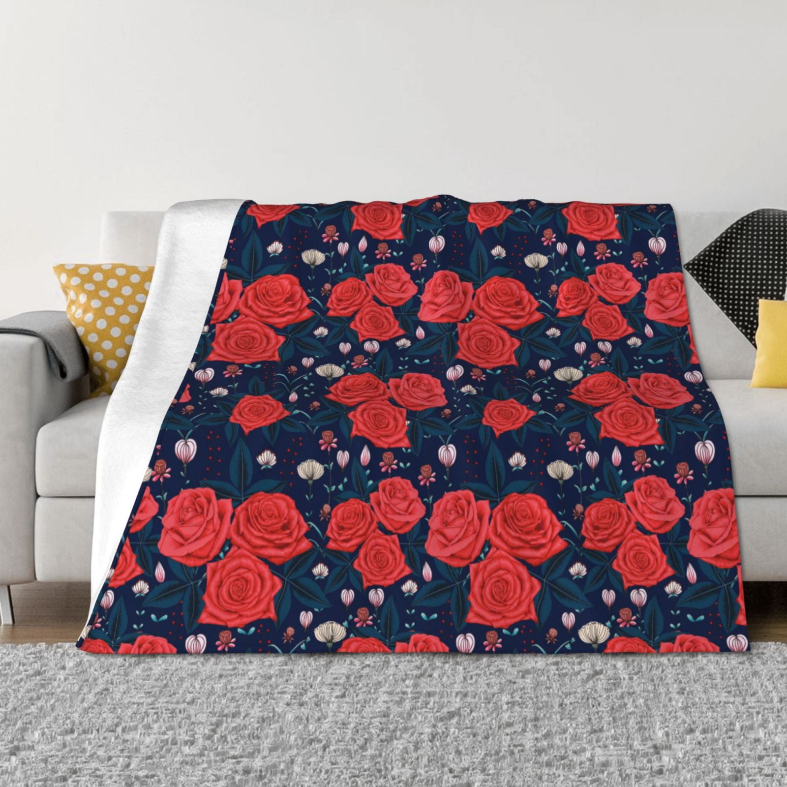 Goofa Rose Flower Pattern Fleece Throw Blanket for Couch, Soft ...