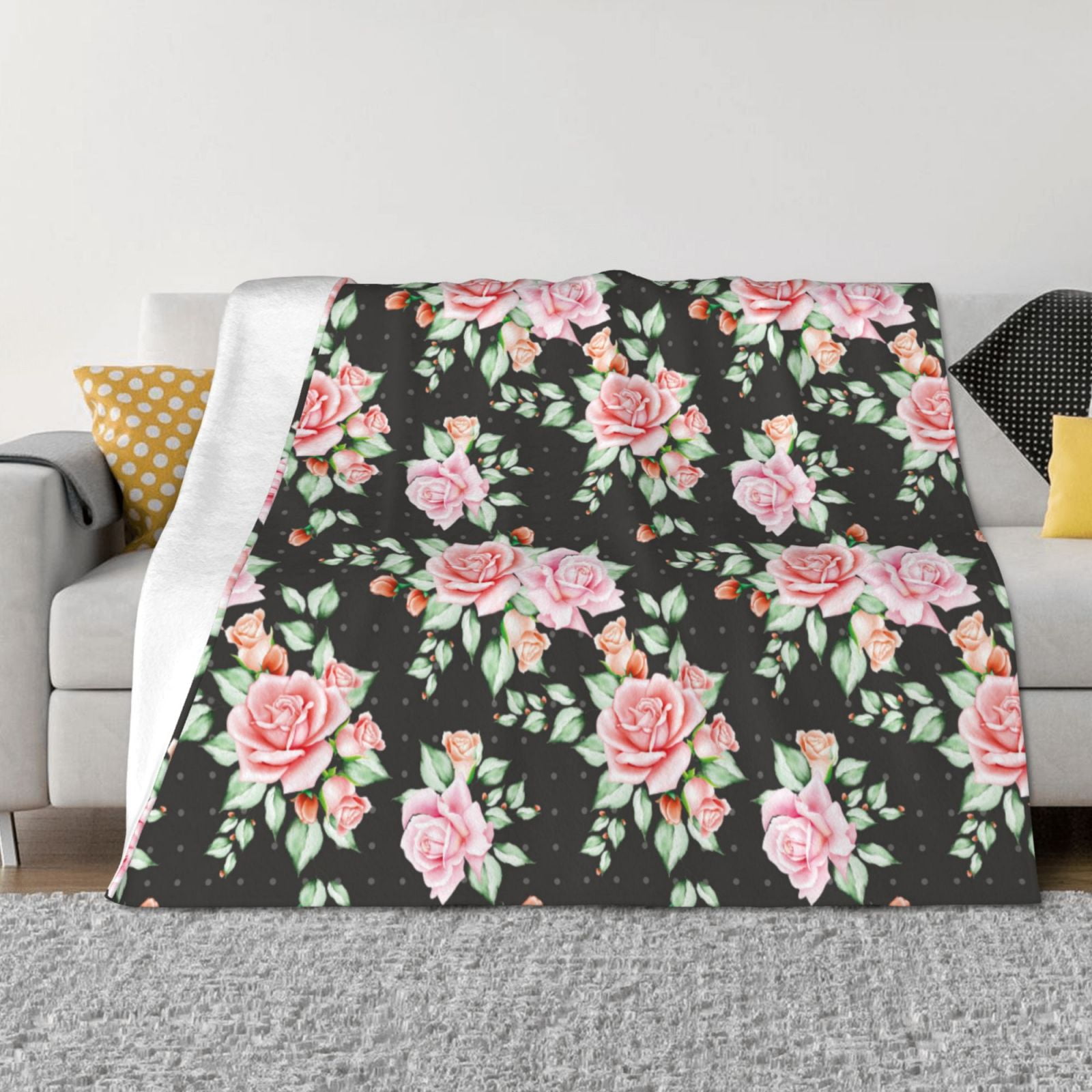 Goofa Rose Flowers Pattern Fleece Throw Blanket for Couch, Soft ...